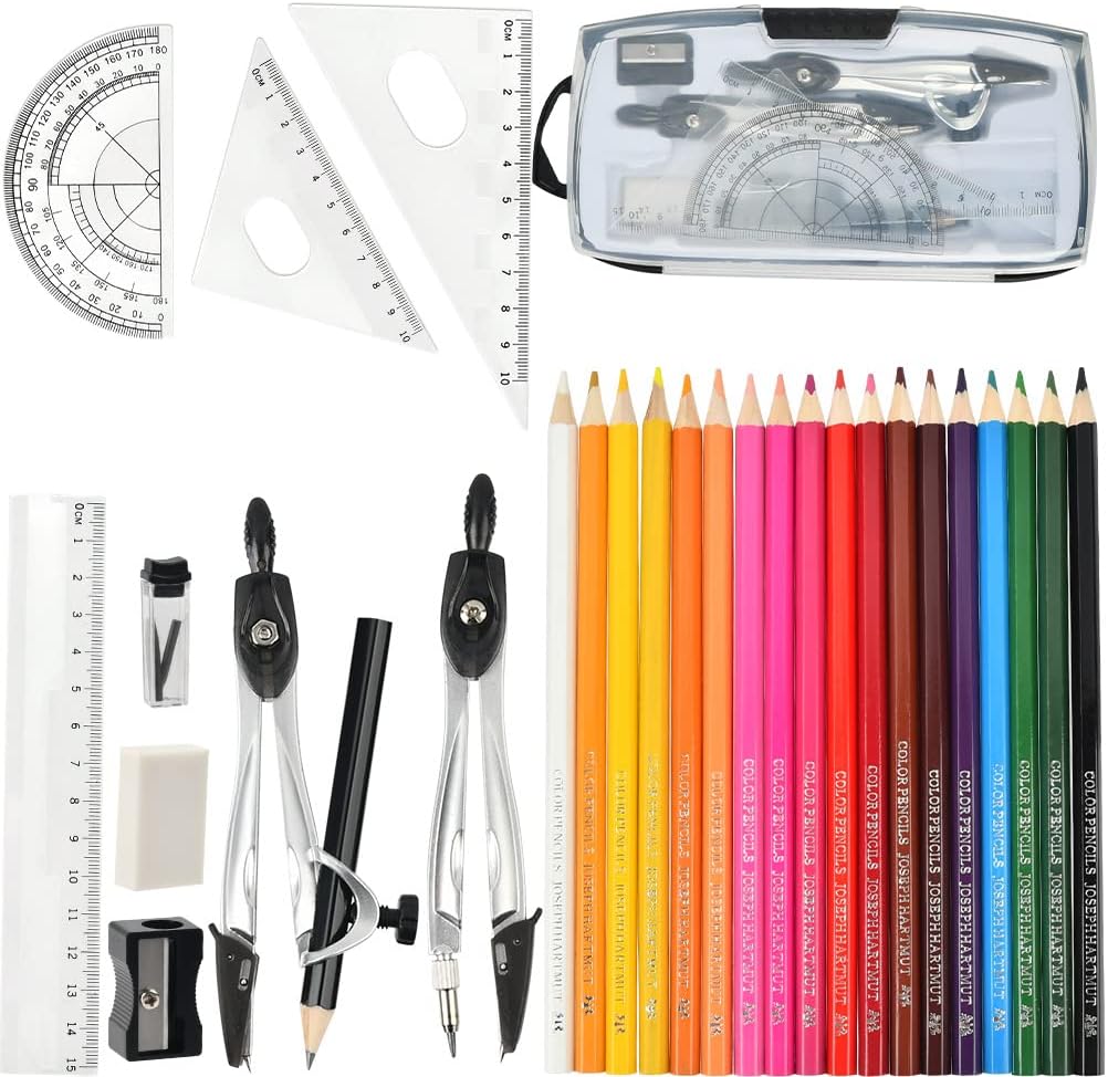 28PCS Geometry Set 10 Geometry Math Compass Set 18 Colouring Pencils ...