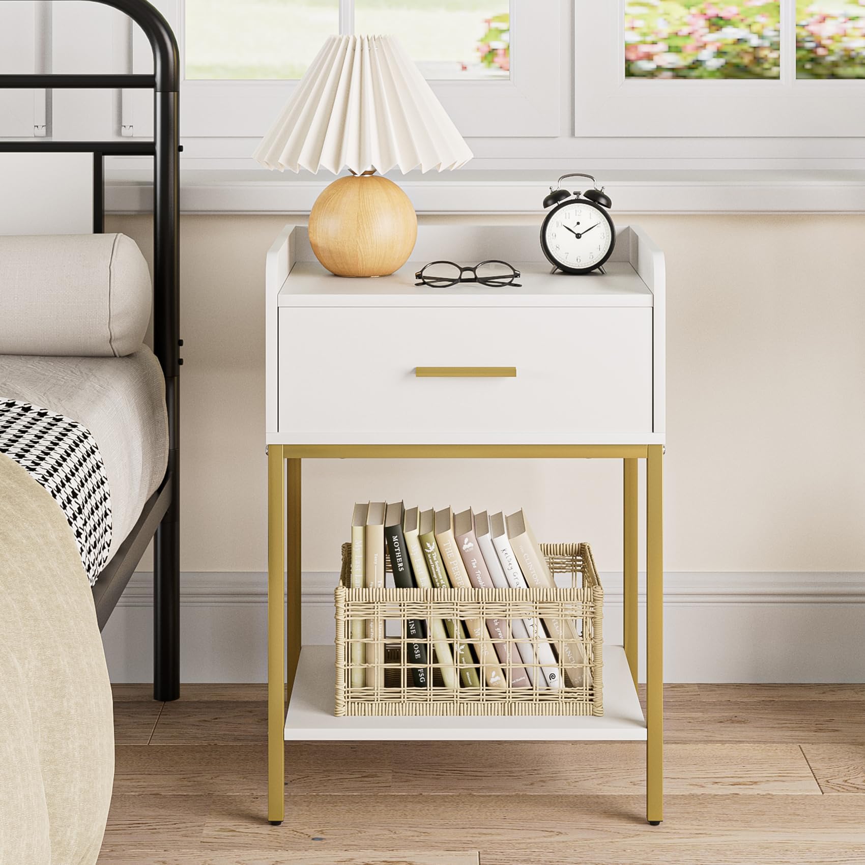Modern White 2 Drawer Bedside Table with Gold Legs, Wooden Table ...