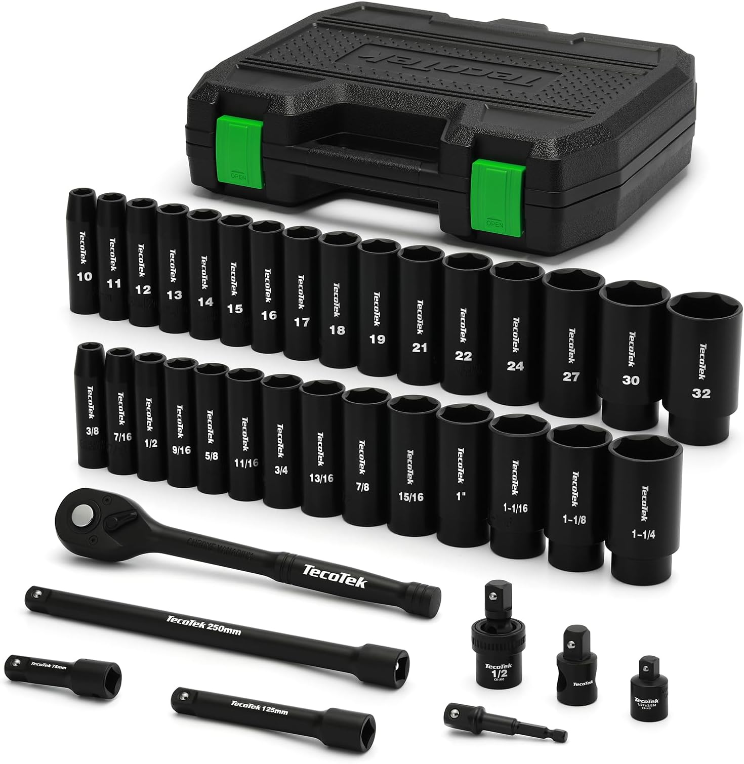 TecoTek 1/2" Drive Deep Impact Socket Set, 38-Piece Socket Set SAE 3/8 ...