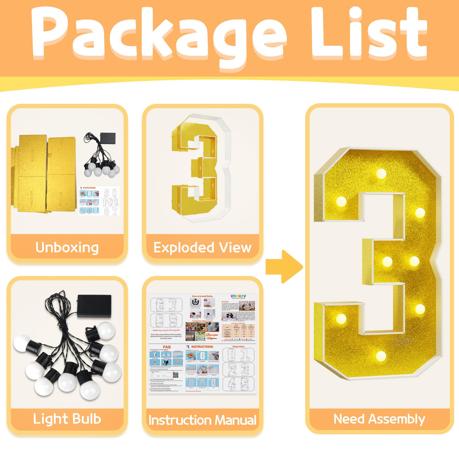 Snapklik.com : Imprsv 3FT Gold Marquee Numbers,DIY Light Up Numbers For ...