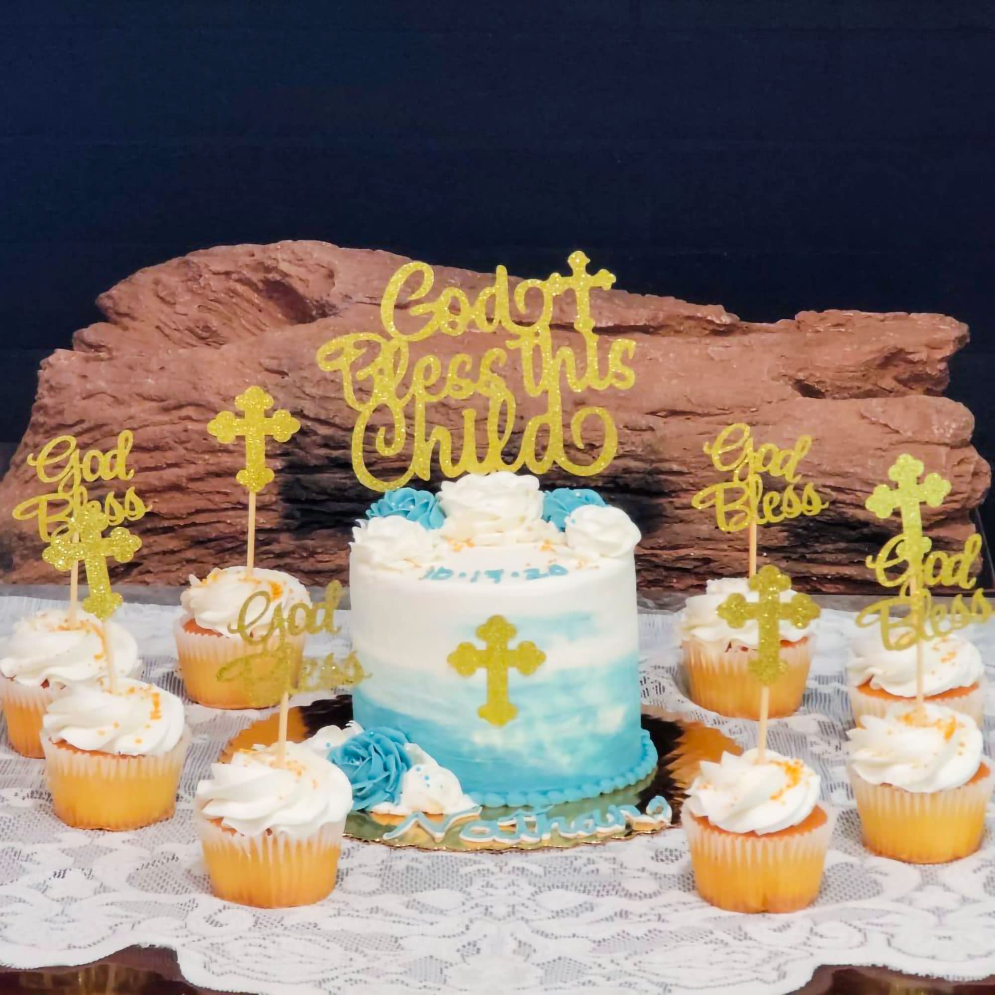 JeVenis 25 PCS Glittery Gold Bless this Child Cake Topper Baptism ...