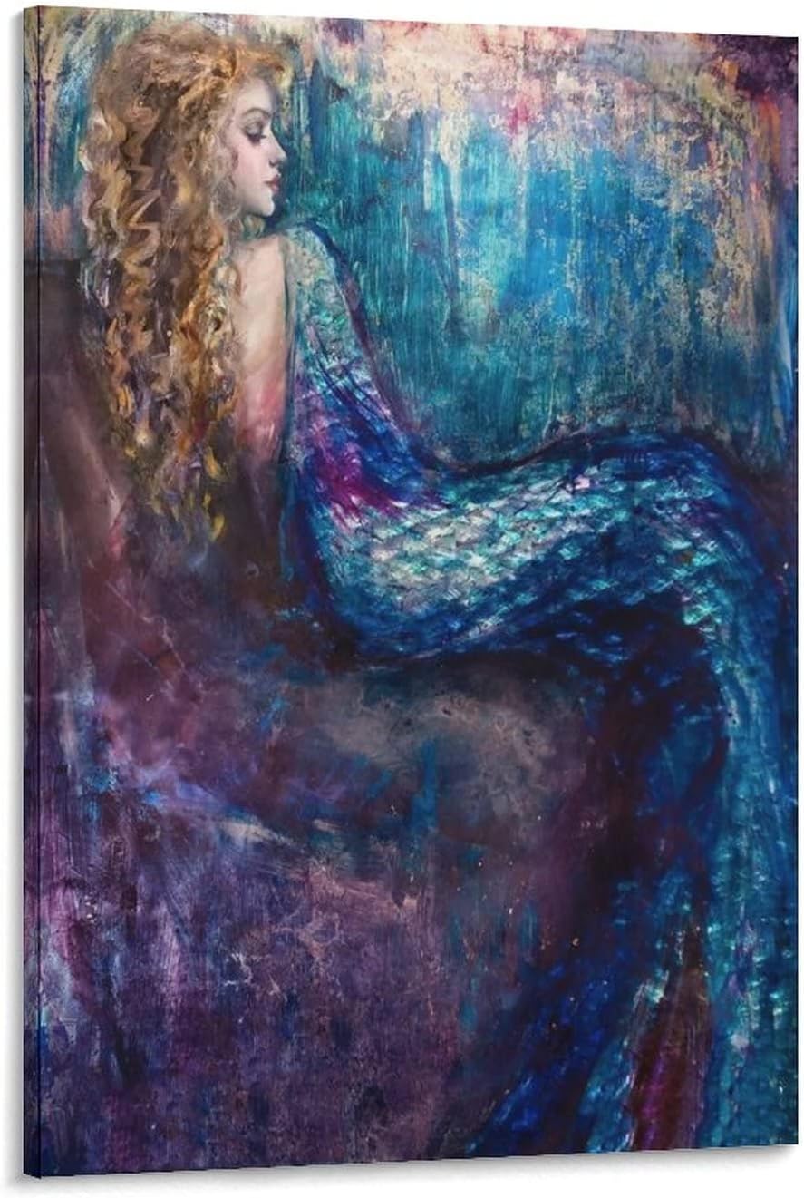 Amazon.com: Mermaid Painting Poster, Blue, Ocean Mermaid, Purple Hair ...