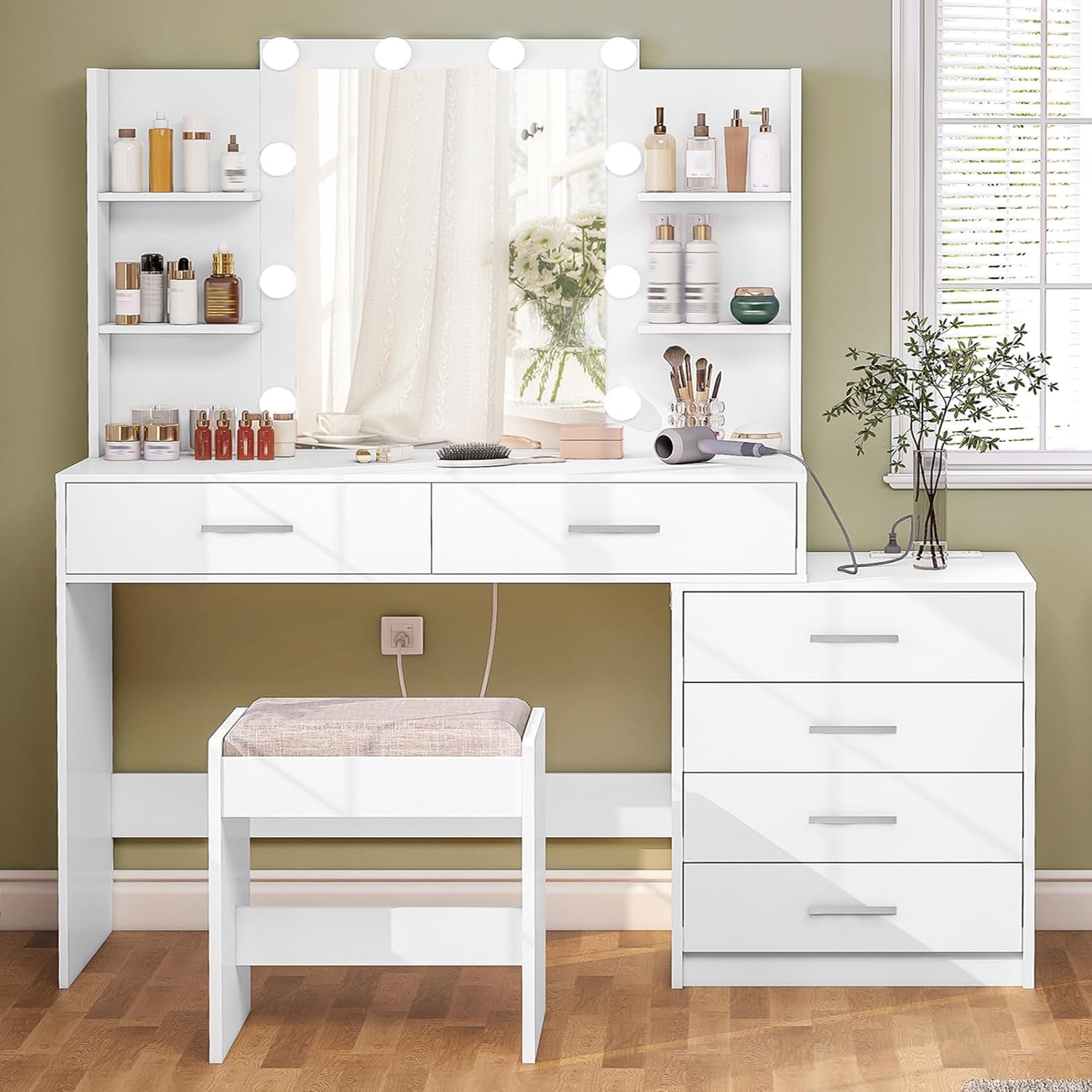 FIONESO Vanity Desk Set with Mirror & Power Outlet, 6 Drawers, 6 Open ...