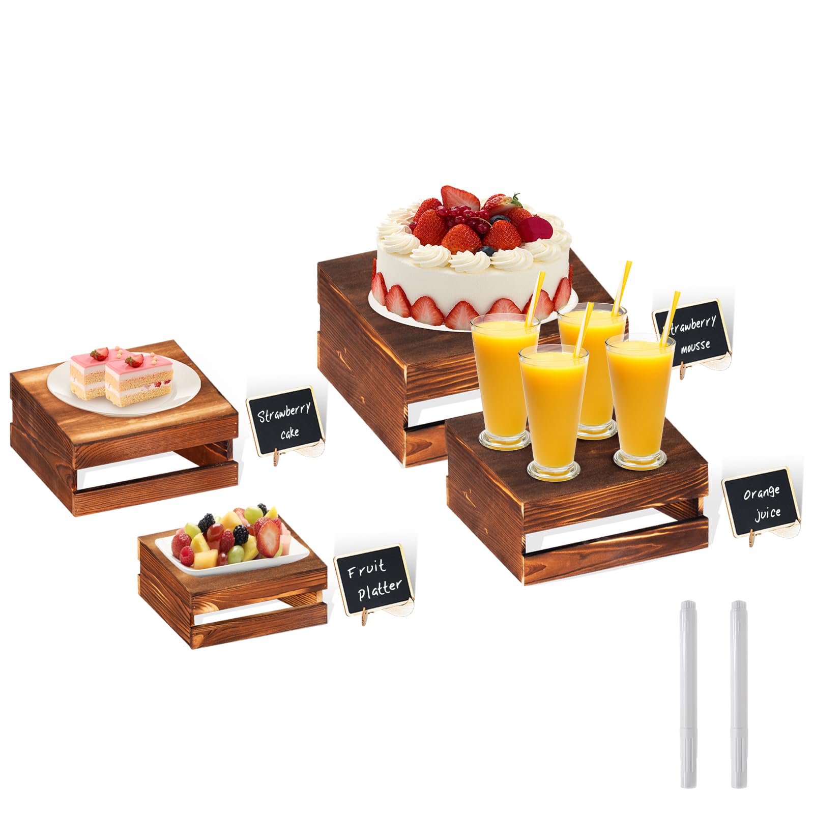 Amazon.com: 4 Pcs Buffet Risers with Mini Signs, Rustic Wood Cake ...