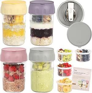 Amazon.com: SOLIGT 4 Pack Overnight Oats Containers with Lids, Folding Spoons and Divided ...