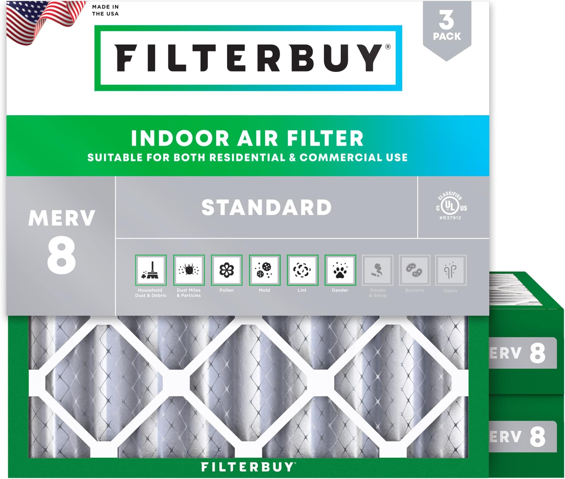 Filterbuy 20x20x4 Air Filter MERV 8 Dust Defense (3-Pack), Pleated HVAC ...