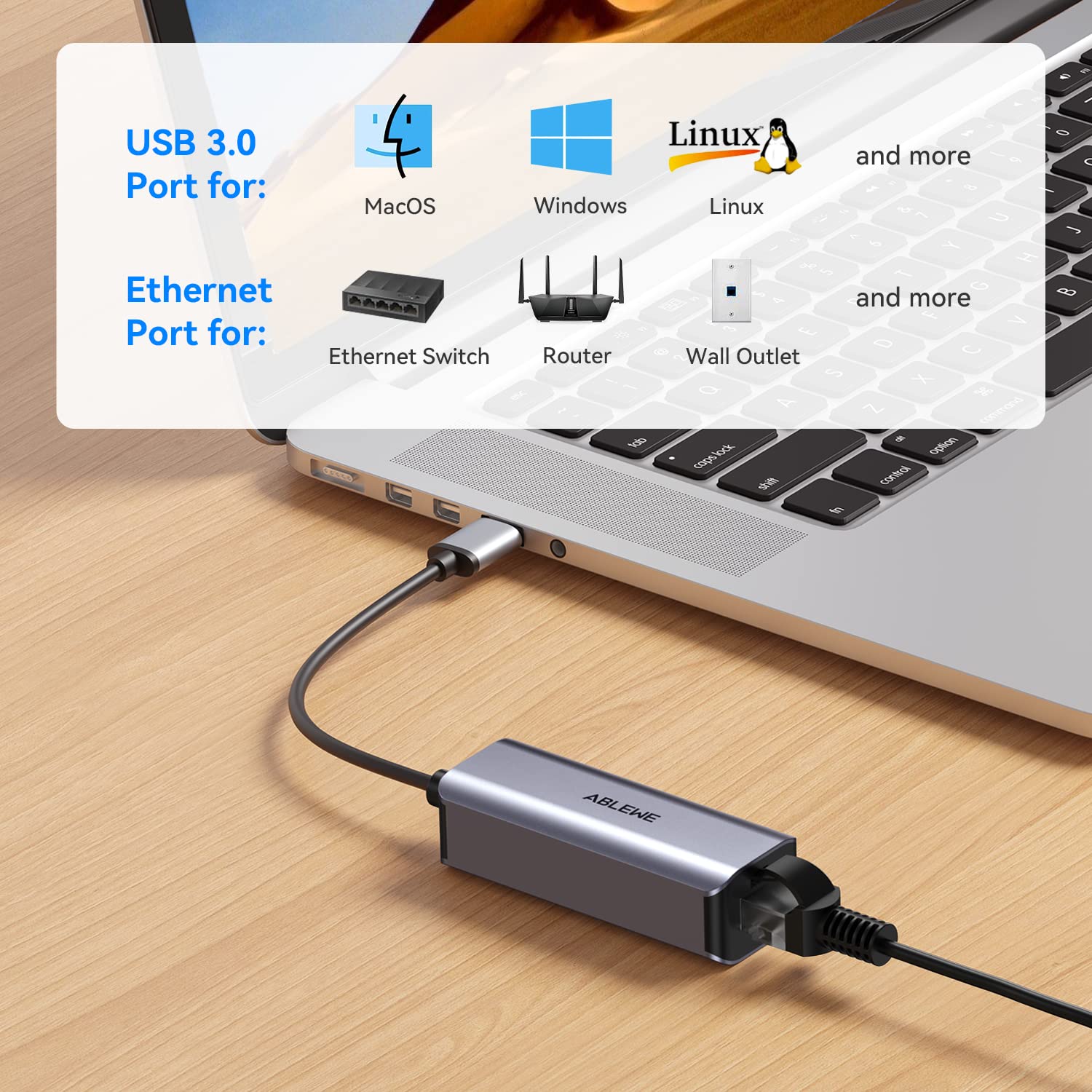 Snapklik.com : ABLEWE USB To Ethernet Adapter, USB 3.0 To 100/1000 ...