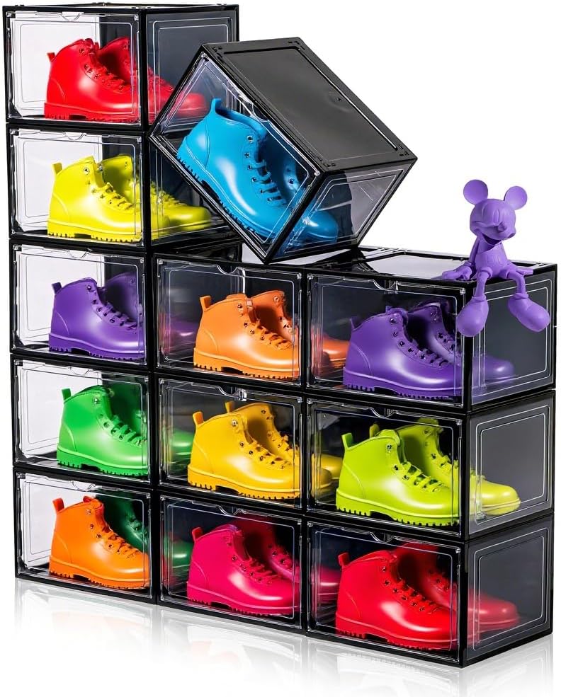 Amazon.com: CKHXR 12 Pack Black Shoe Boxes Stackable,Large Shoe Storage ...