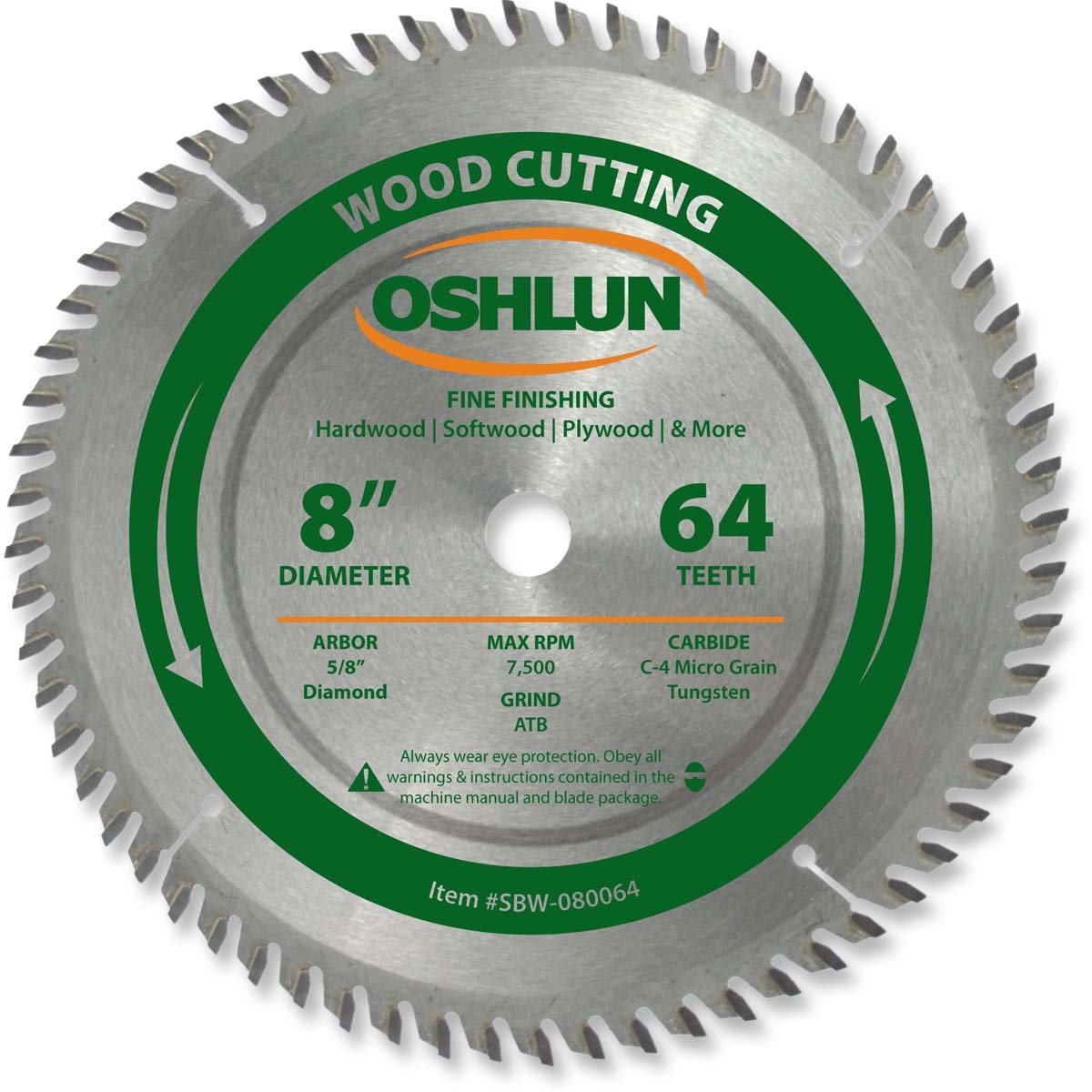 Oshlun SBW-080064 8-Inch 64 Tooth ATB Fine Finishing Saw Blade with 5/8 ...