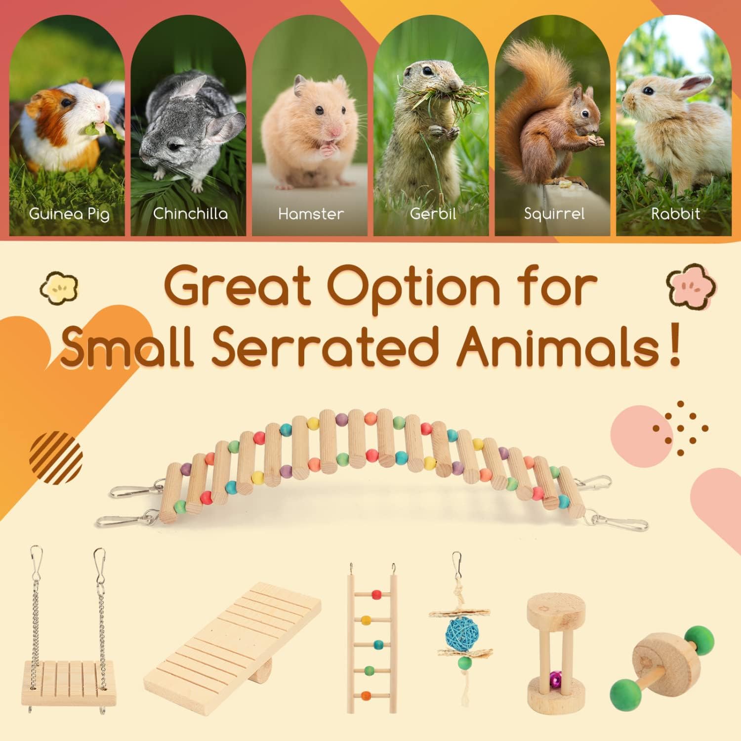 Guinea Pig Toys, 7 Pack Natural Wooden Hamster Chew Toy Set, Teeth Care ...