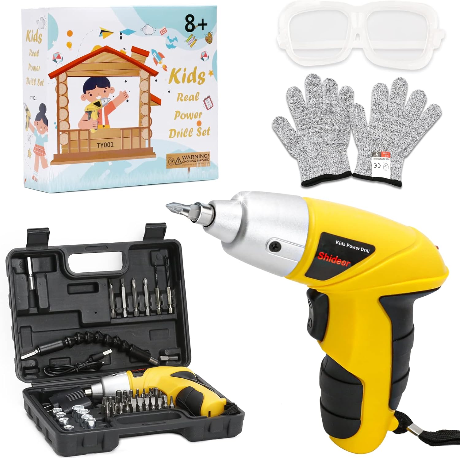 BLIRORA Kids Real Drill Set,51PCS Cordless Drill Kids Tool Set with Cut ...