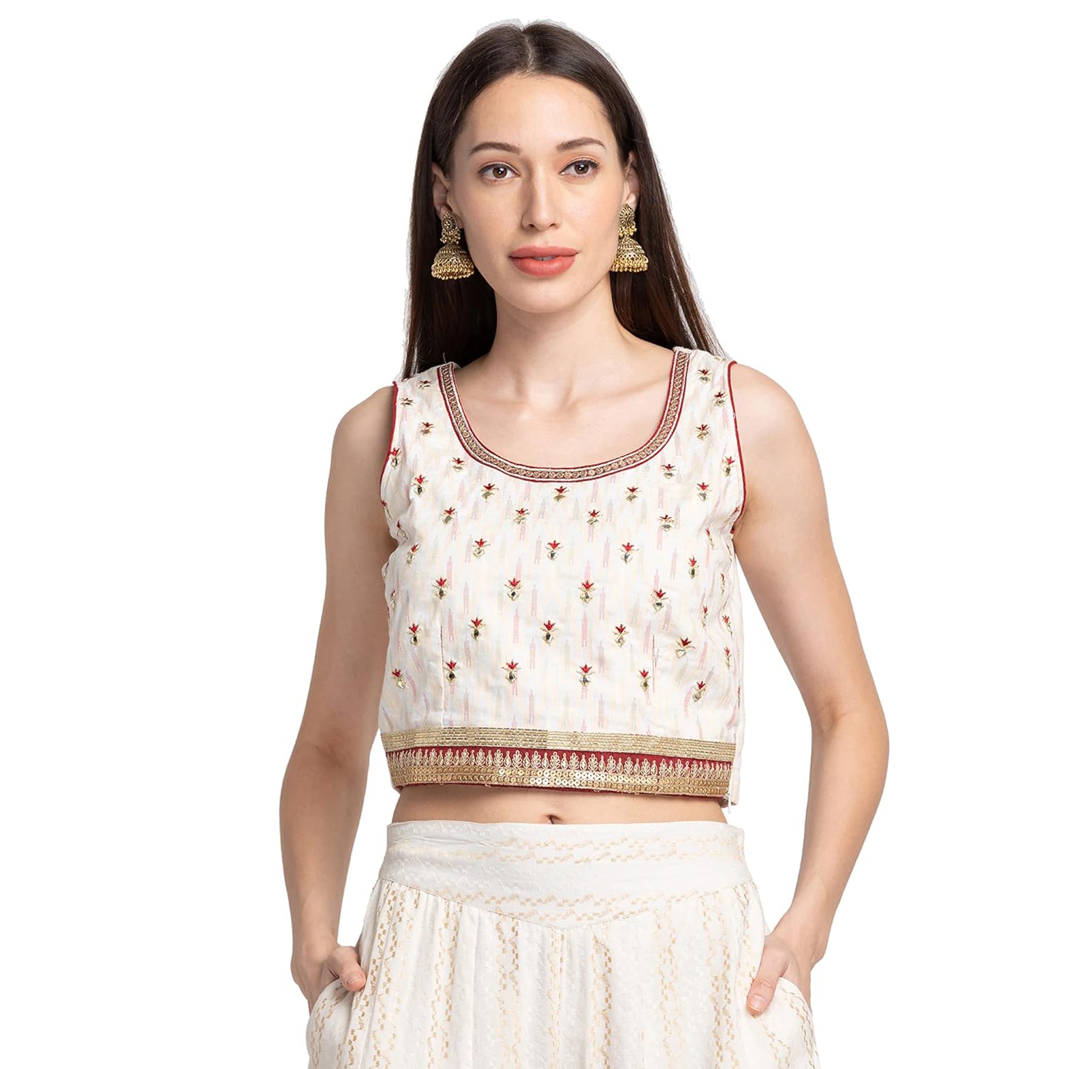 Globus Ecru Embroidered Sleeveless Ethnic Crop Top : Amazon.in: Clothing & Accessories