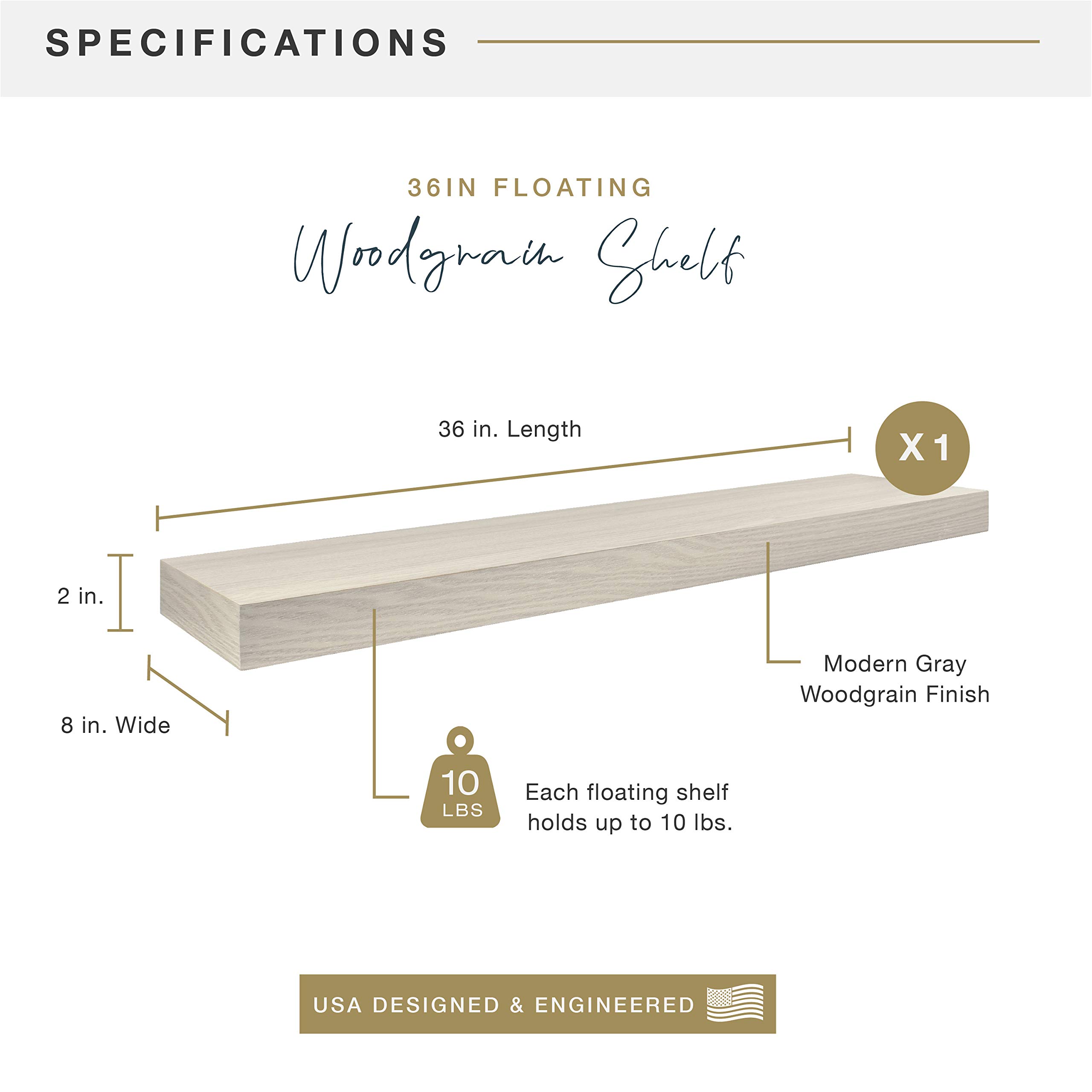 MCS Gray Woodgrain Floating Shelf, 36 Inch x 8 Inch, 36 x 8