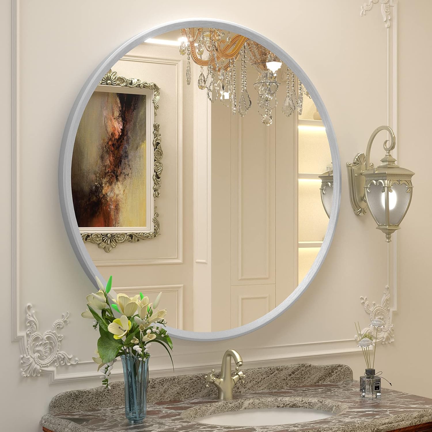 Amazon.com: GOLOMO 20 Inch Brushed Silver Round Mirror, Silver Circle ...