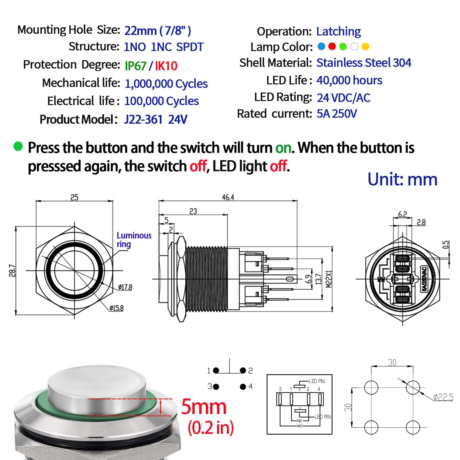 Snapklik.com : UL Listed 2PCS 22mm 7/8" Latching Push Button Switch ...