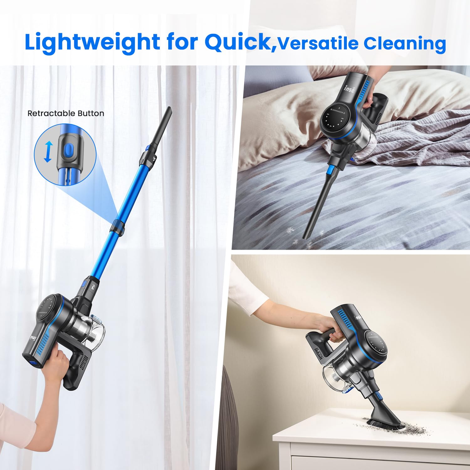 INSE Vacuum Cordless Cleaner, 26Kpa Stick Vacuum with Strong Brushless ...