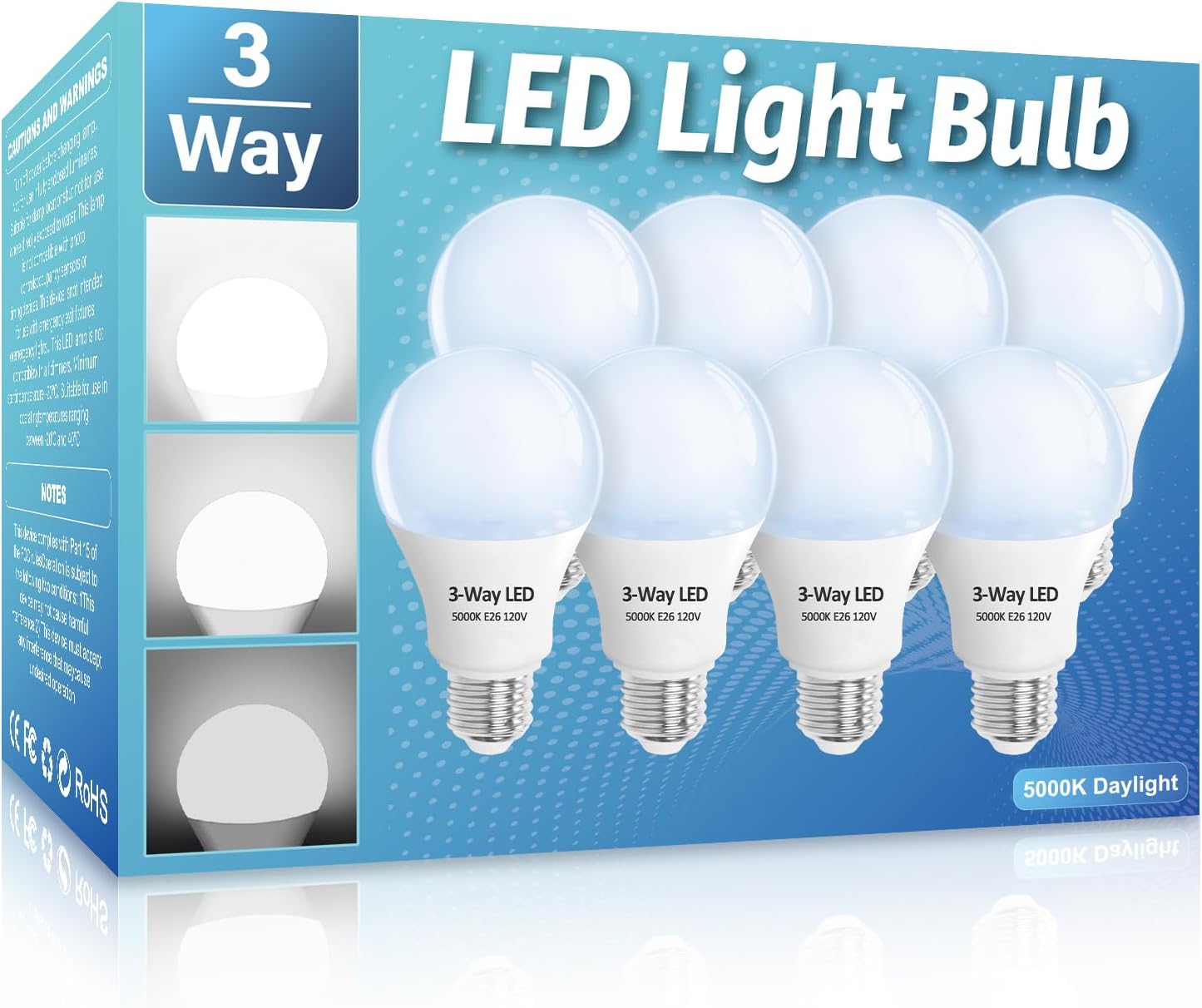 Amazon.com: Wiyifada 3-Way LED Light Bulbs 8 Pack, 5000K Daylight, 100W ...
