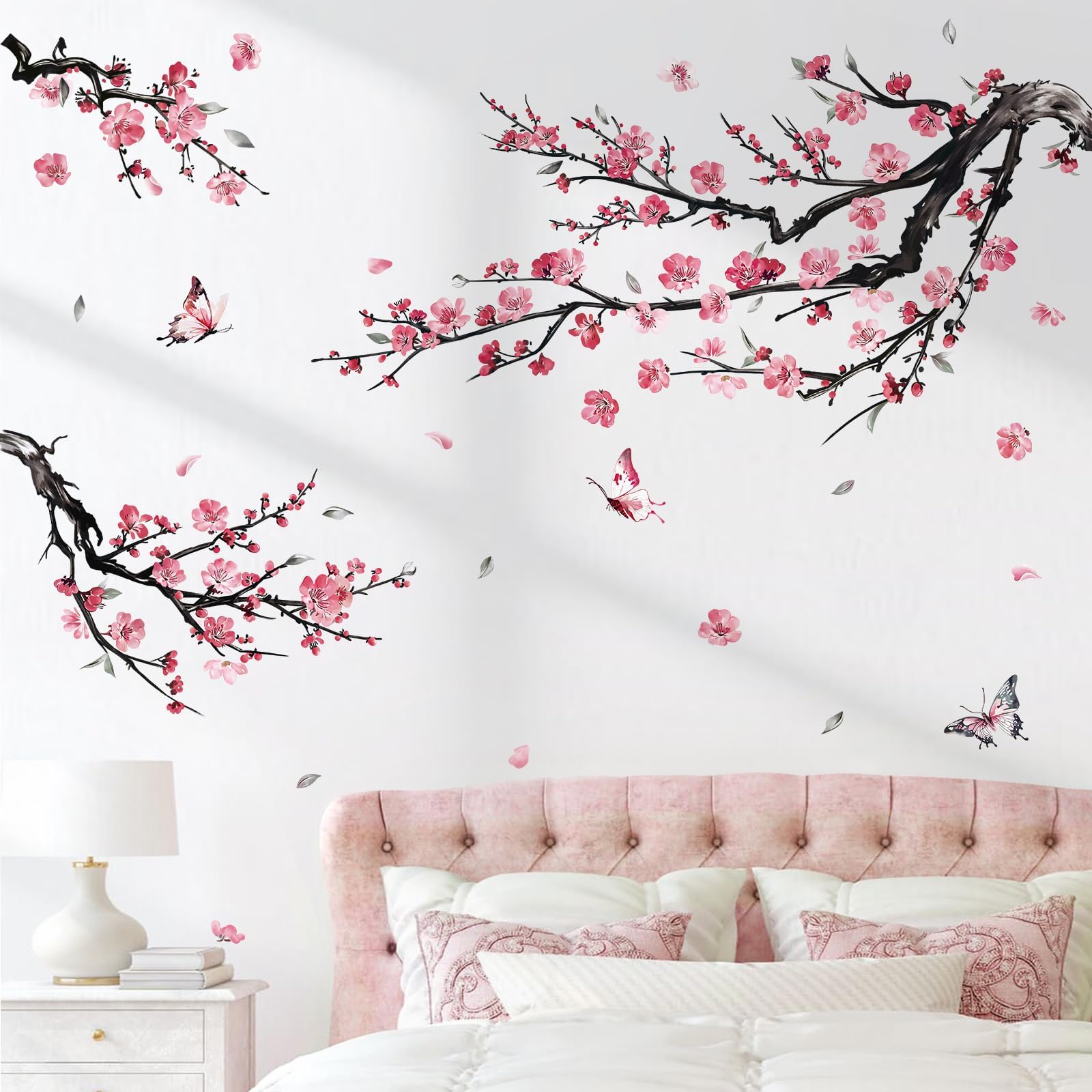 decalmile Stickers muraux aquarelle rose branche de fleurs fleurs ...