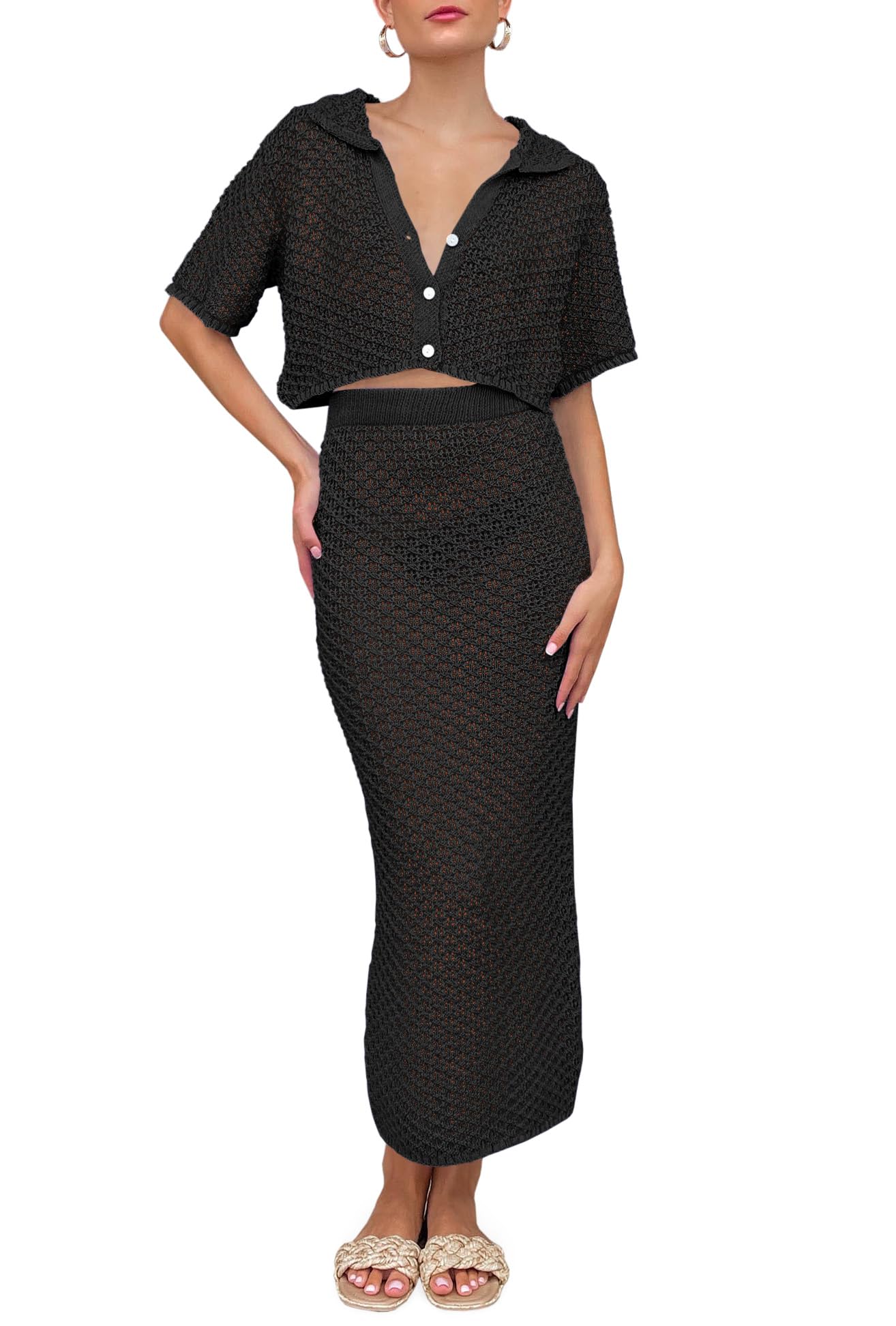 Saodimallsu Women Crochet Beach Cover Up Set Knit Crop Button Short ...