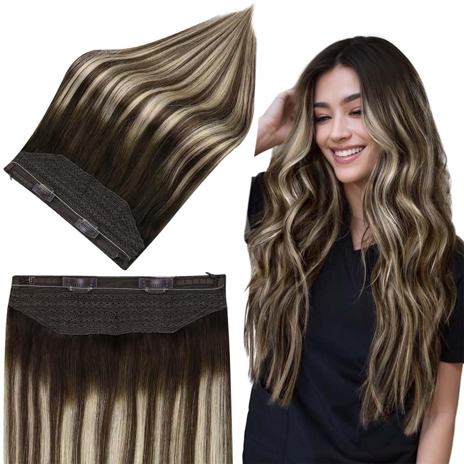 Amazon.com : Full Shine Invisible Wire Hair Extensions Real Human Hair ...