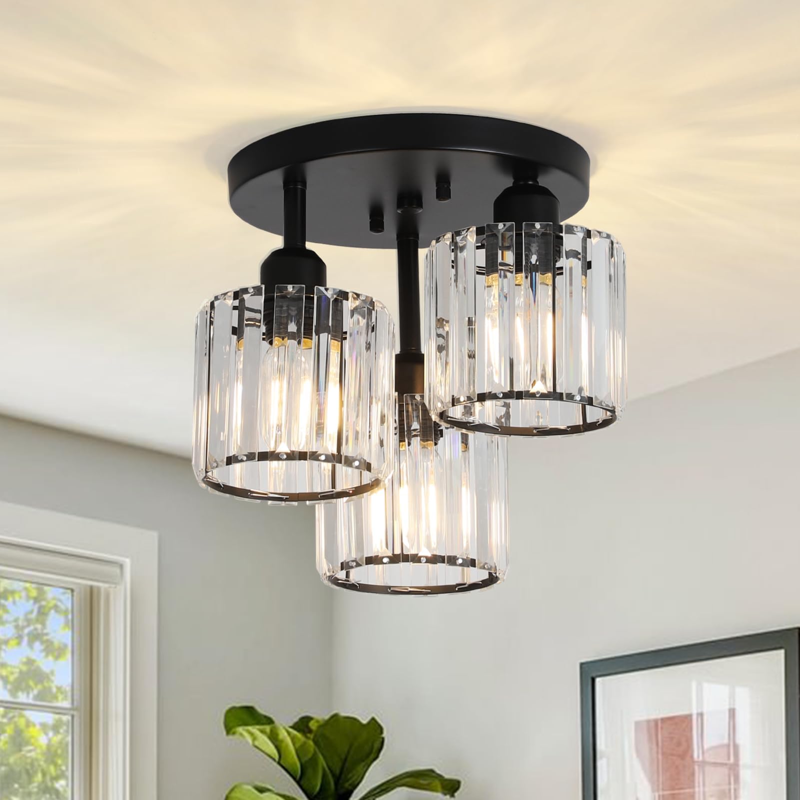 PAUFUL Crystal Semi Flush Mount Ceiling Light,3-Light Modern Close to ...