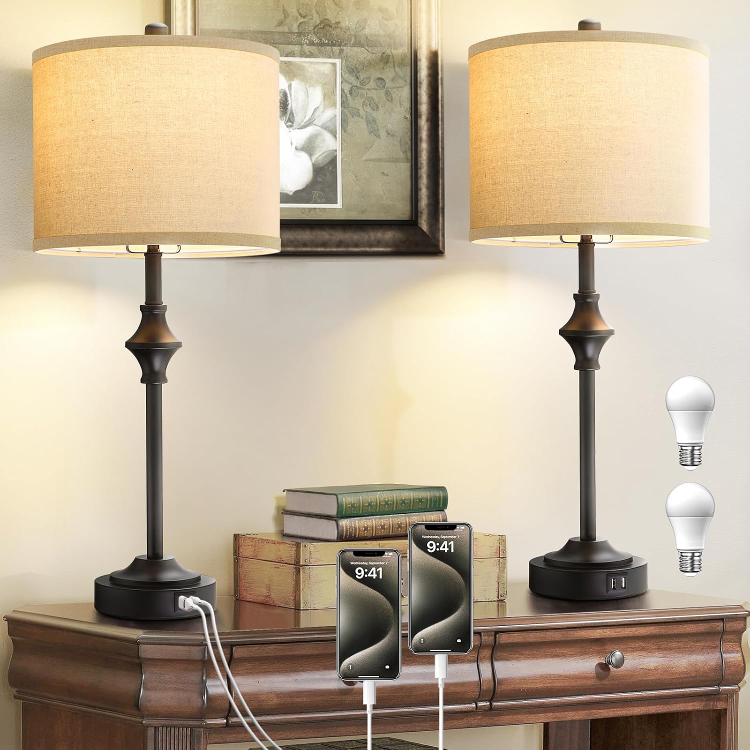 CNXIN 26 Inch Tall Table Lamps for Bedroom Nightstand Livingroom Set 2 ...