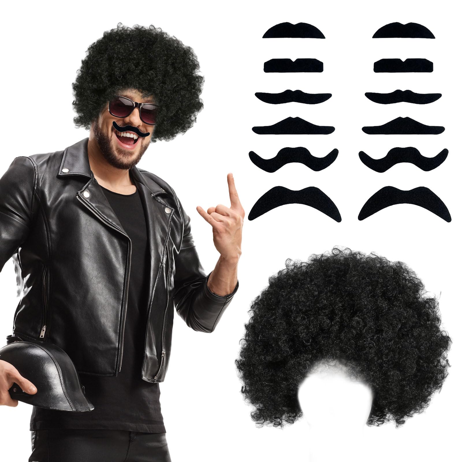 UILYNIU Funky Afro Wig Men With Mustaches, Black Curly Wig Black Wig ...