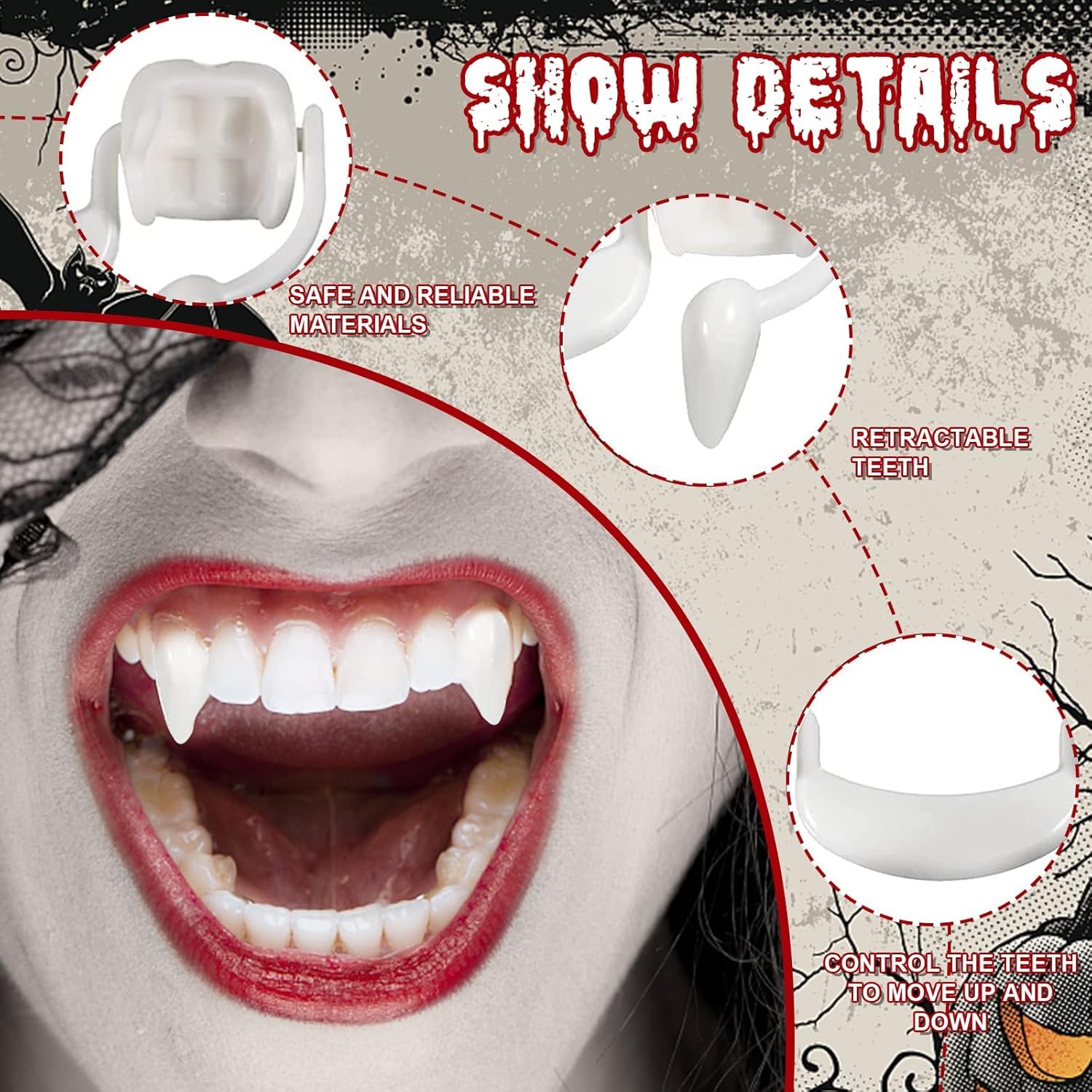 Vampire Teeth Costume Custom Fit Fake Vampire Fangs Teeth, White, One