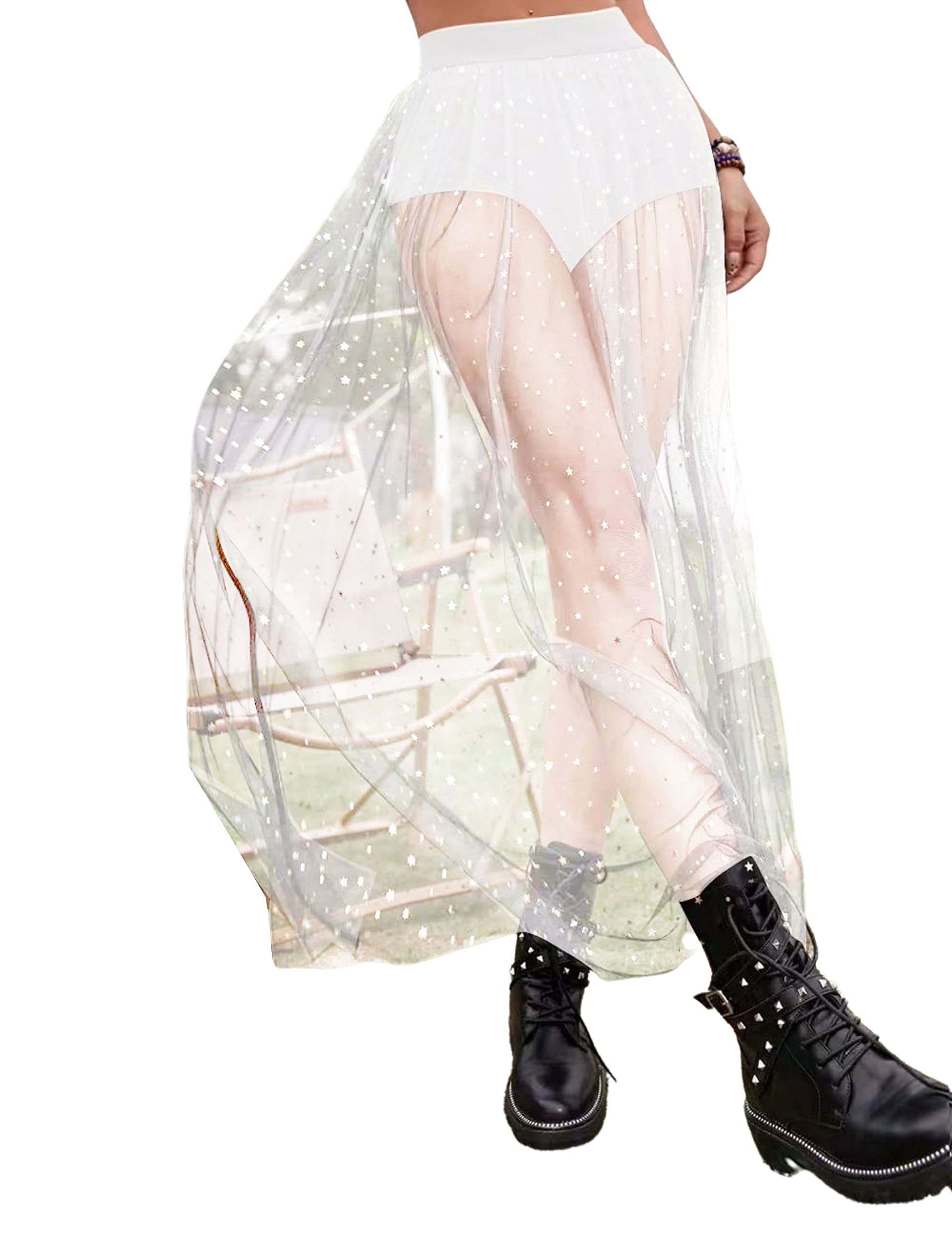 Womens 2 in 1 Clubwear Party Sheer A-Line Long Skirts Elastic High ...