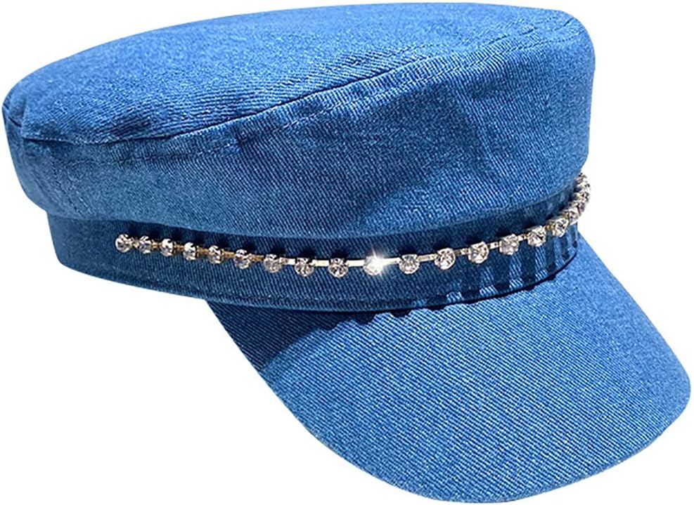 Retro Denim Fiddler Cap Newsboy Hats with Rhinestone Chain Women Girls ...