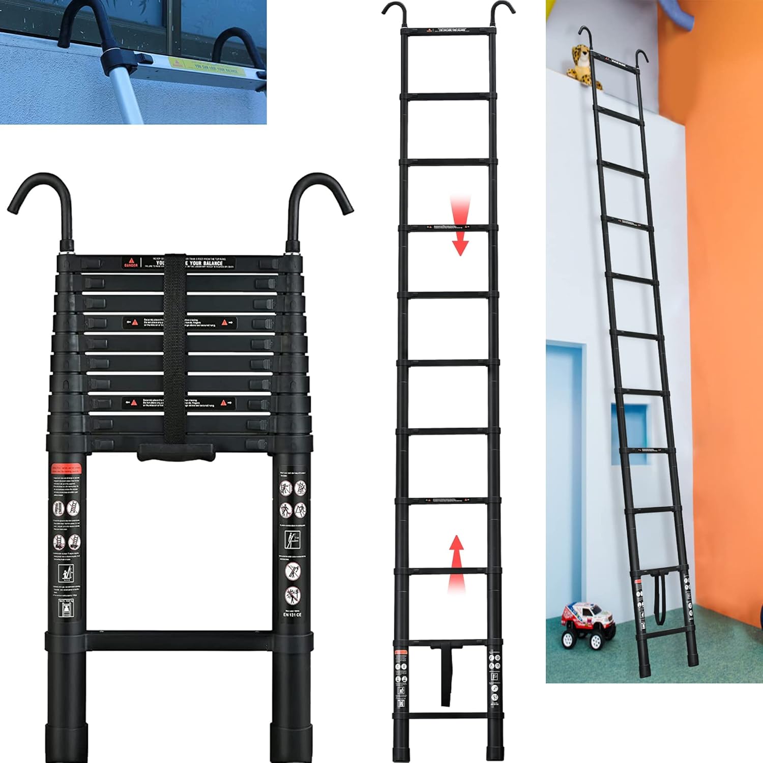 3.2M Heavy Duty Telescopic Ladders With Hooks 14 Steps Aluminum ...