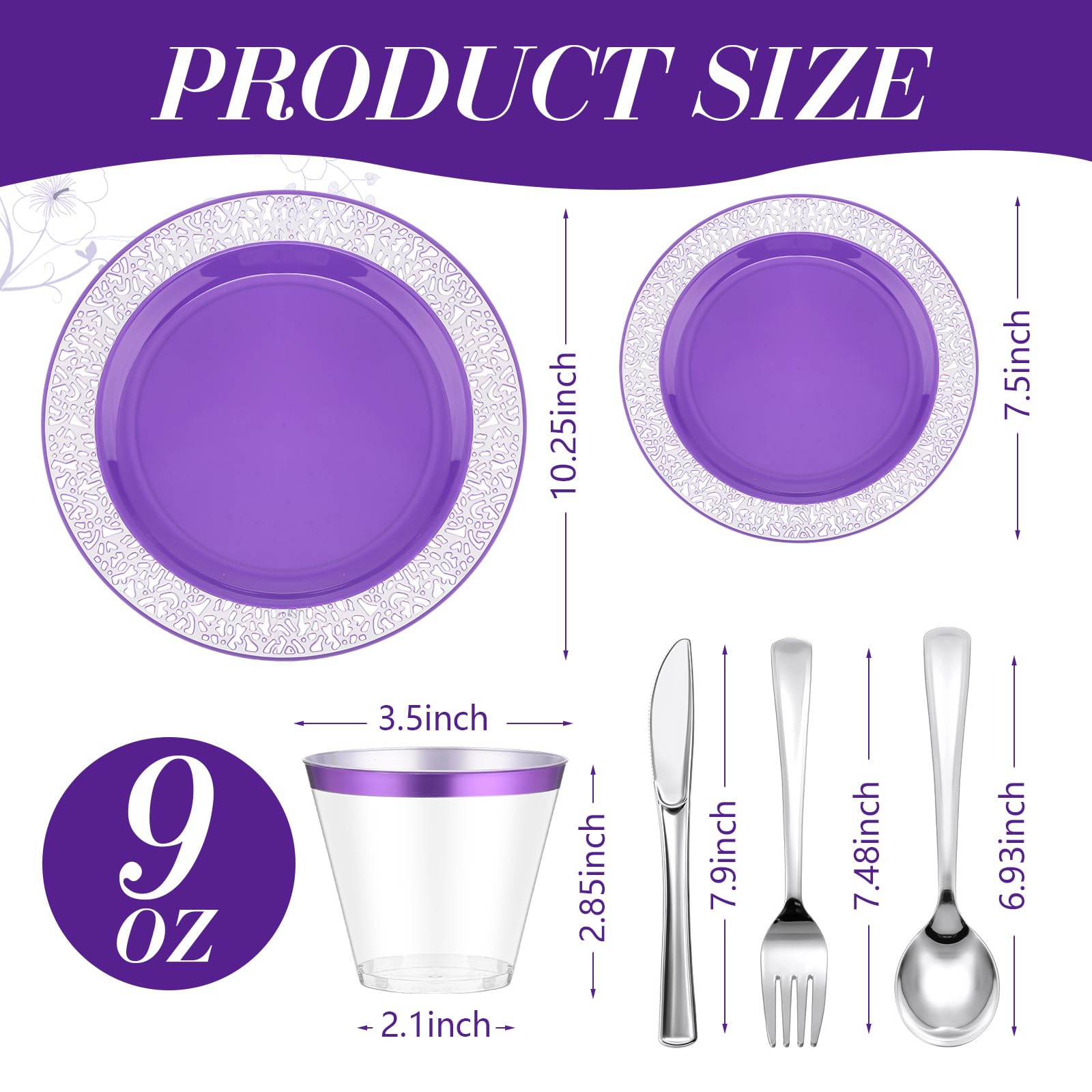 Norme 450 Pcs Purple Silver Plastic Party Plates Sets Include 75 Dinner ...