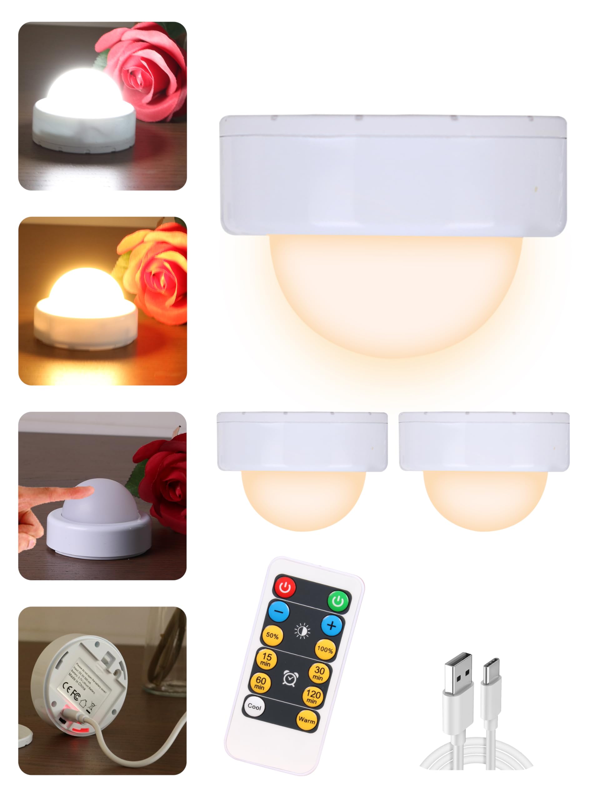 yucanucax 3PACK Mini Remote Control LED Cabinet Light Rechargeable ...