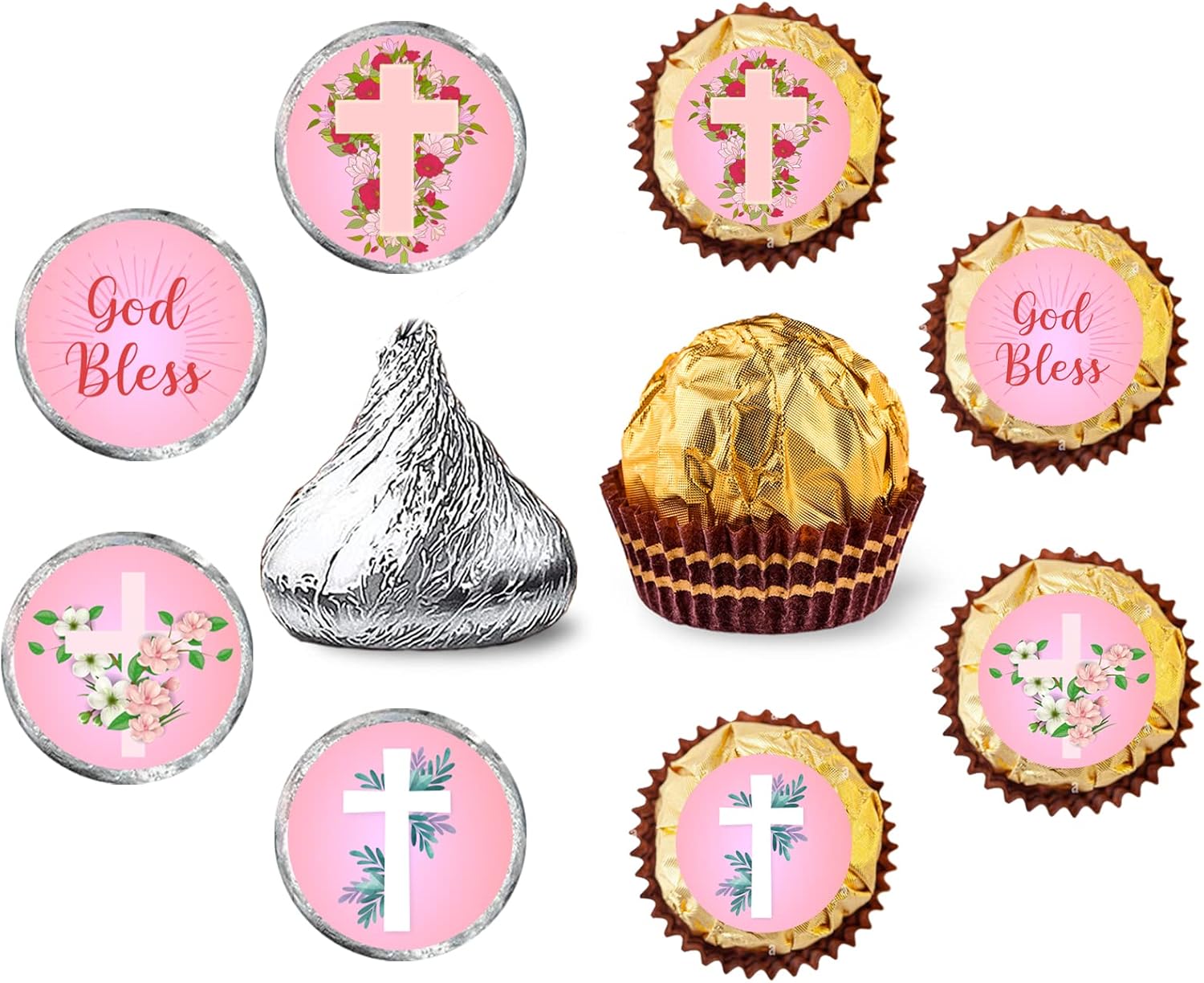 Amazon.com: God Bless Round Candy Sticker - Cross Baptism Stickers ...