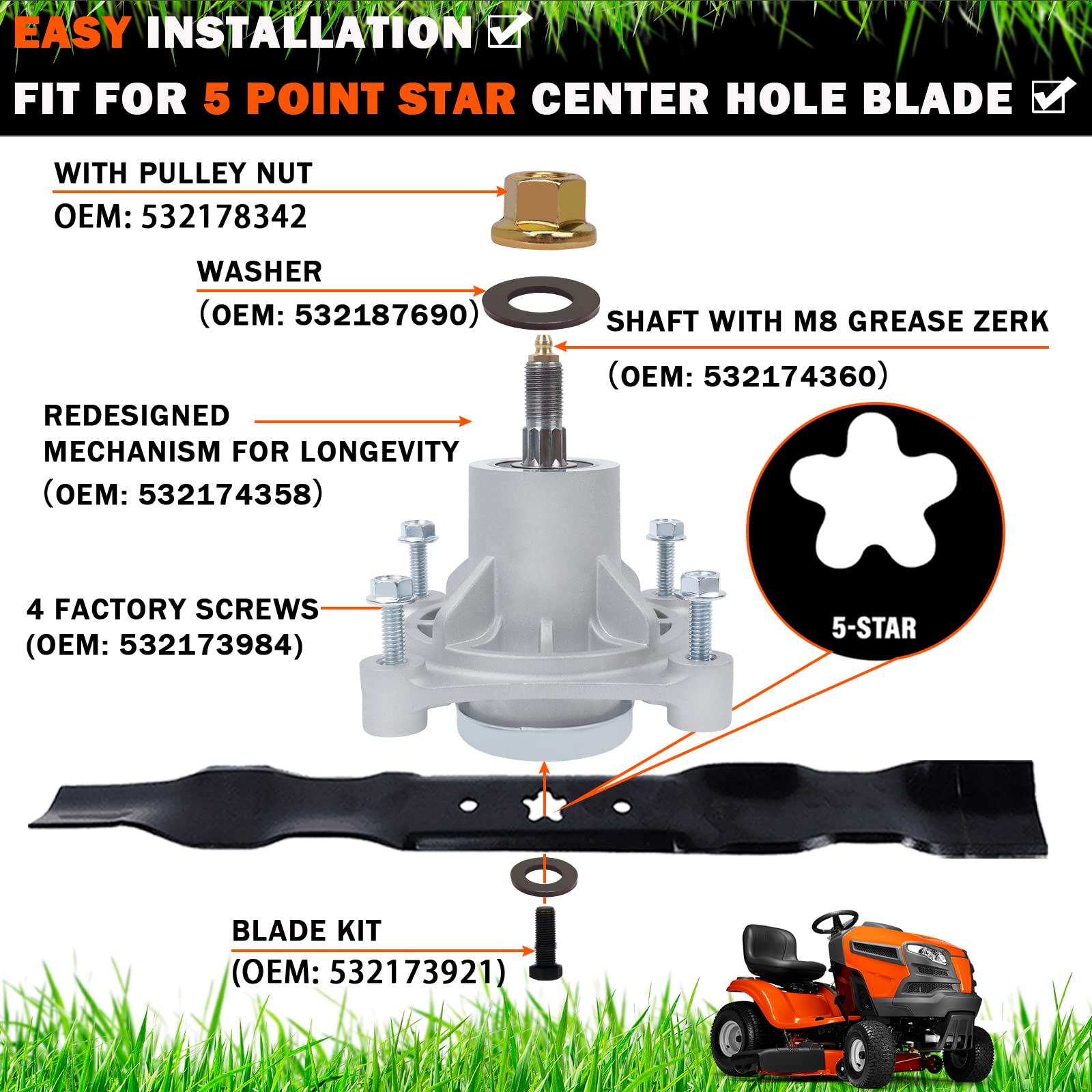 YiaChuii Deck Spindle Assembly for Husqvarna 587125201 532174356 ...