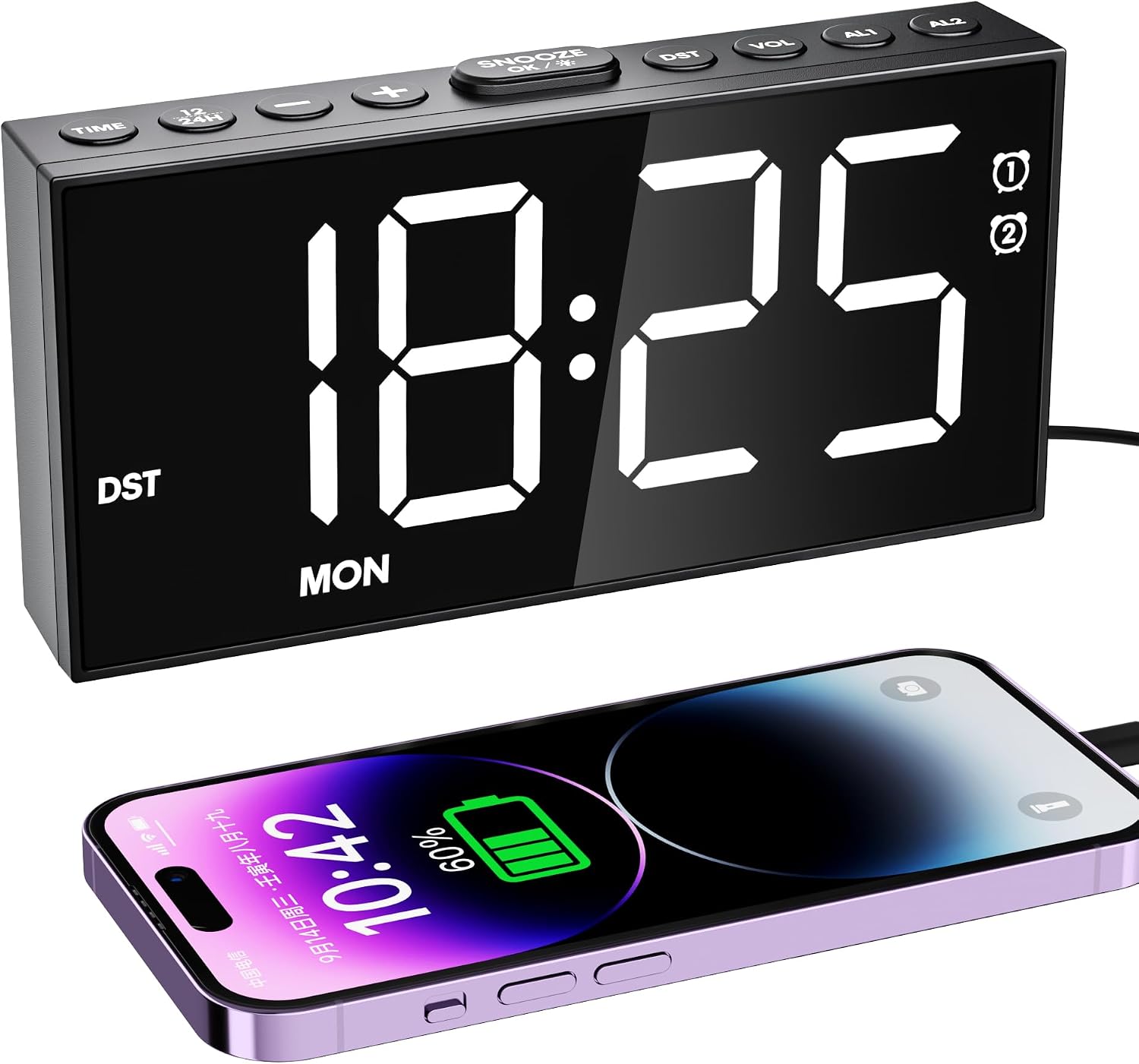 Digital Alarm Clock for Bedroom, Easy to Use 7.5'' Large Display LED ...