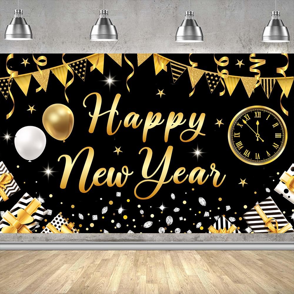 Amazon.com: Happy New Year Banner Black and Gold 2024 New Year Eve ...