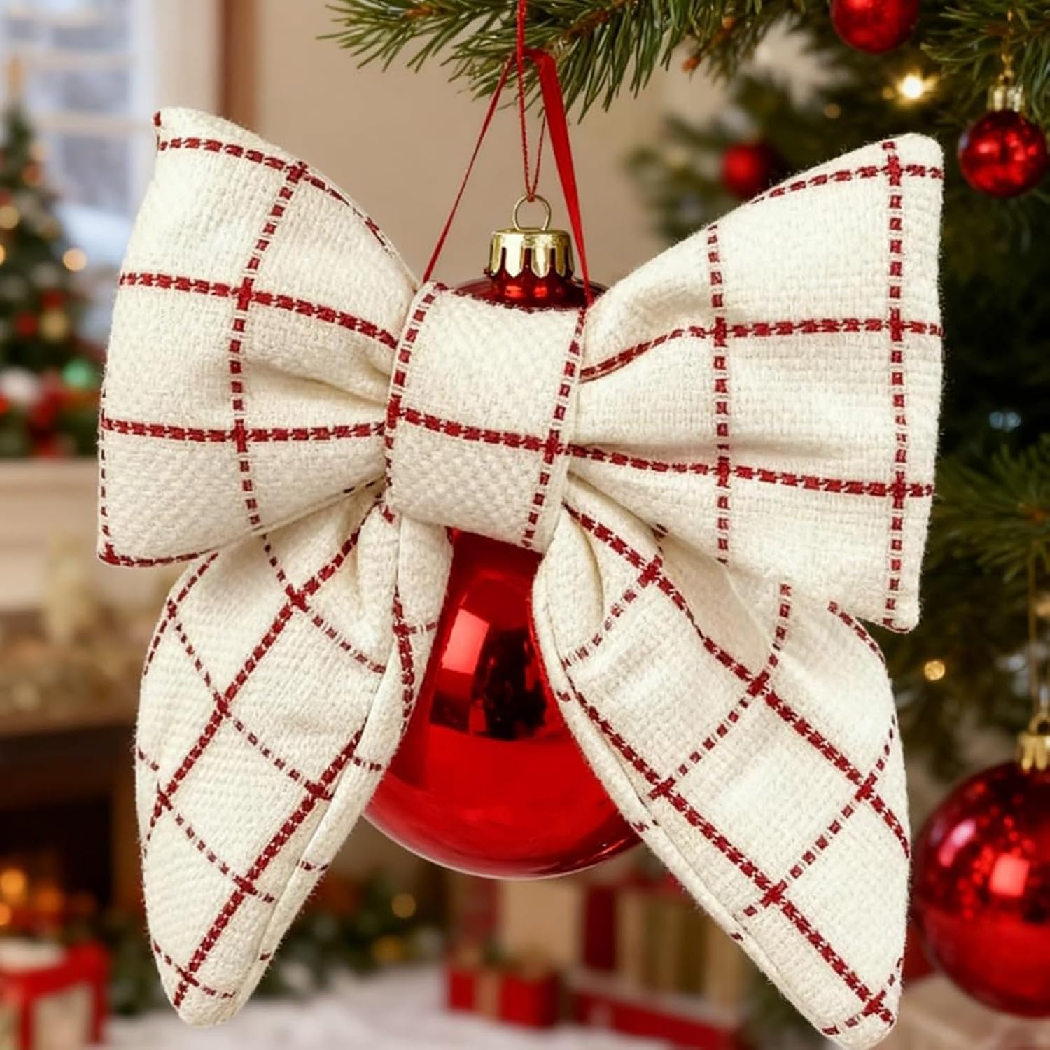 Amazon.com: Large Christmas Bow Decoration Red White Plaid Hanging Bow ...
