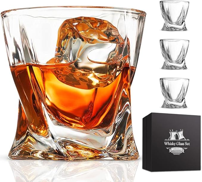 Whiskey Glass Set of 4 - Crystal Clear Twist Scotch Glasses 10 oz Lead ...