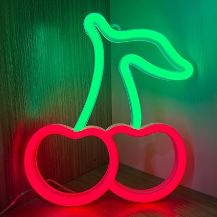 Cherry Neon Sign, Red Green Cherries Neon Lights, Cherry Neon Signs for ...