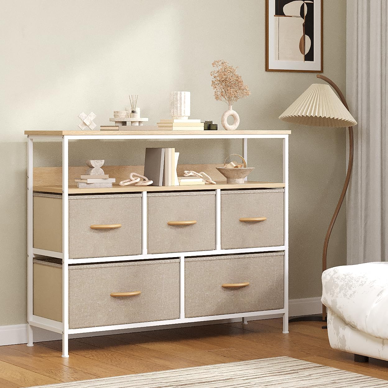 Feonase Chest of Drawers, 5 Drawers Dresser with TV Stand, Metal Frame ...
