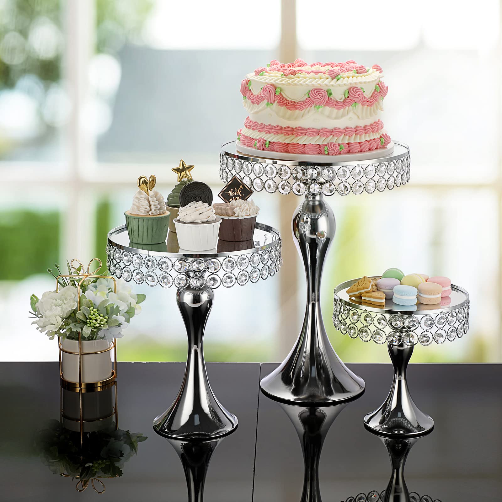 ELLDOO Set of 3 Crystal Wedding Cake Stands, 8/10/12 Inch Silver Round ...