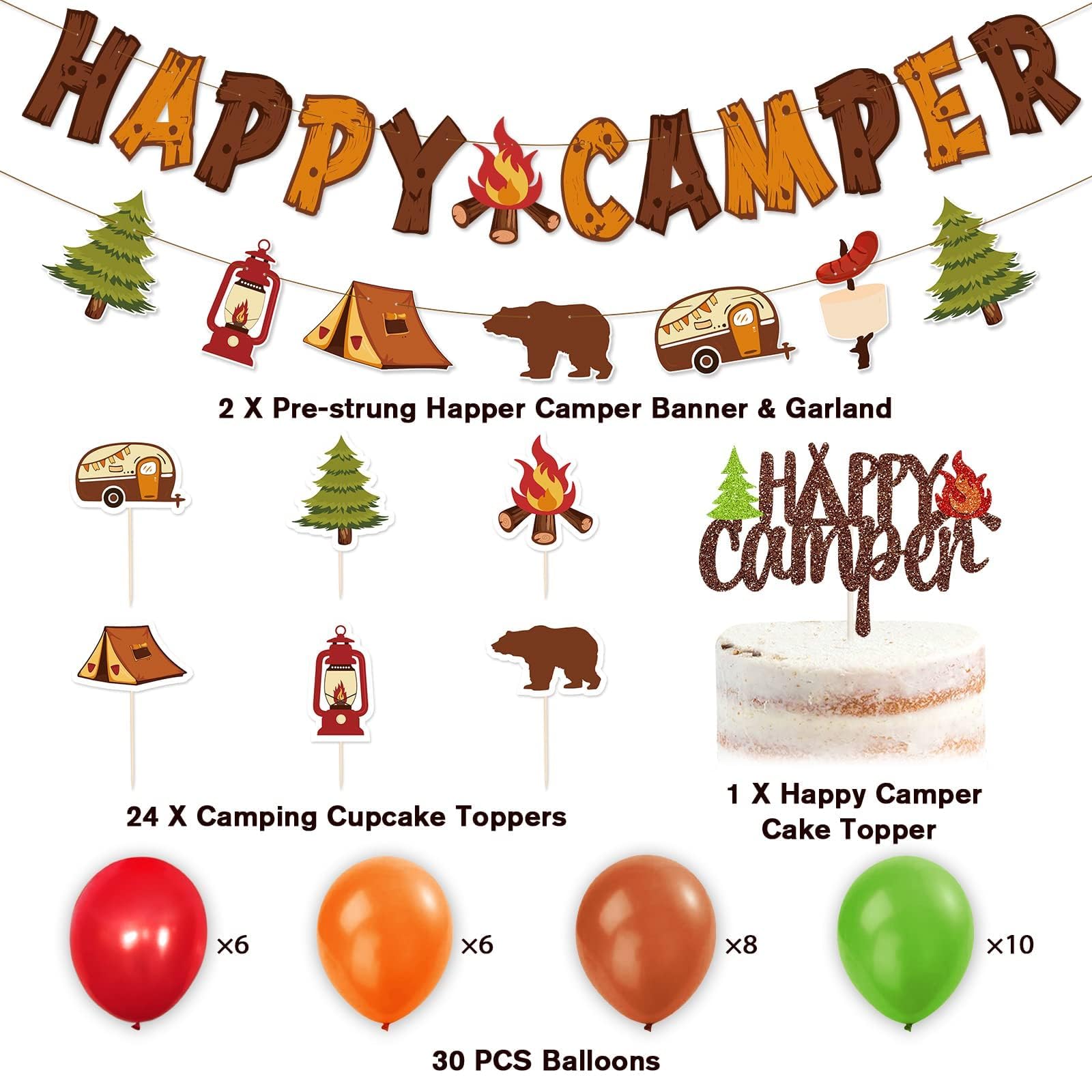 Snapklik.com : Happy Camper Party Decoration Kit Banner Cake Topper ...