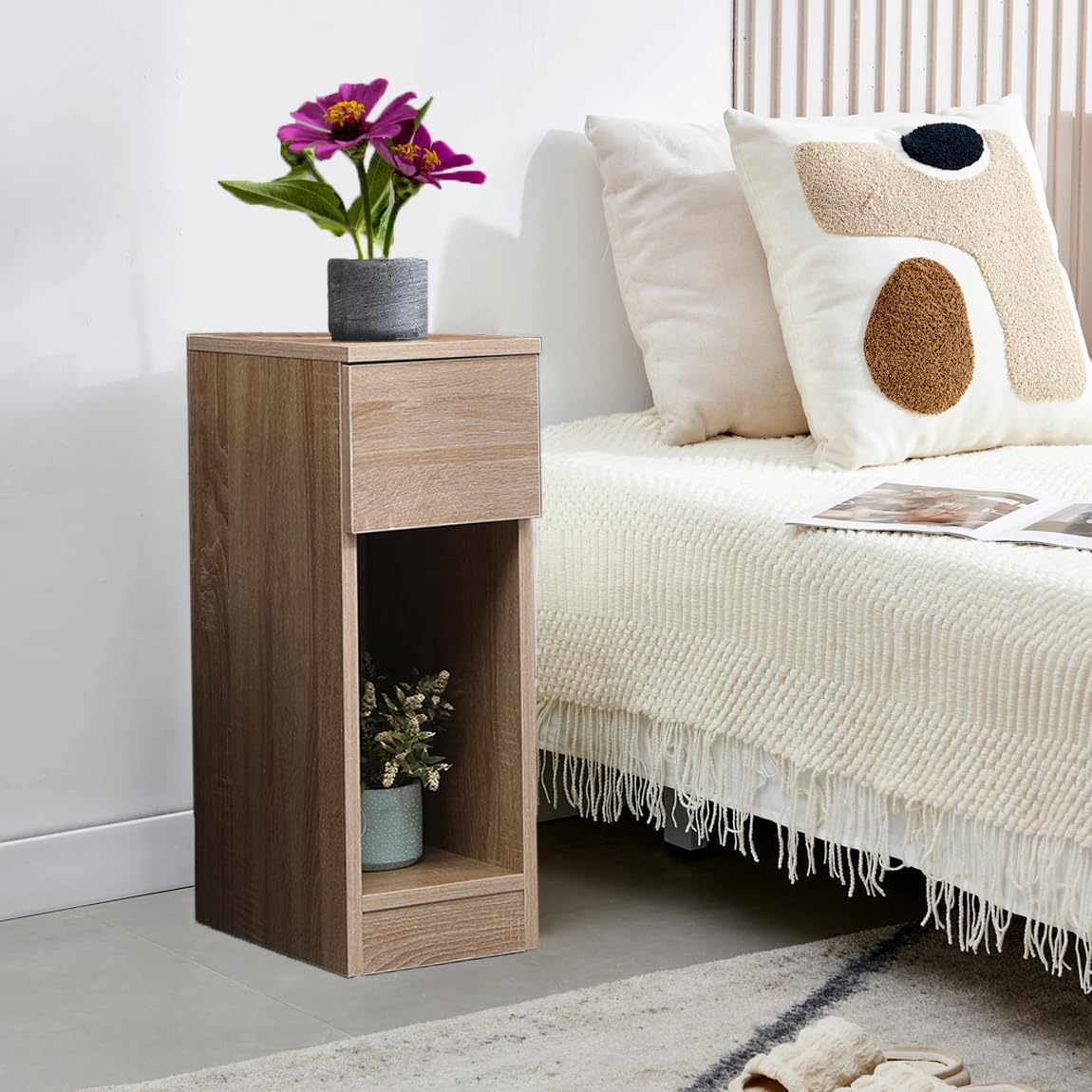 UATARU Bedside Table Bedroom Nightstand with Open Shelf & Drawer ...