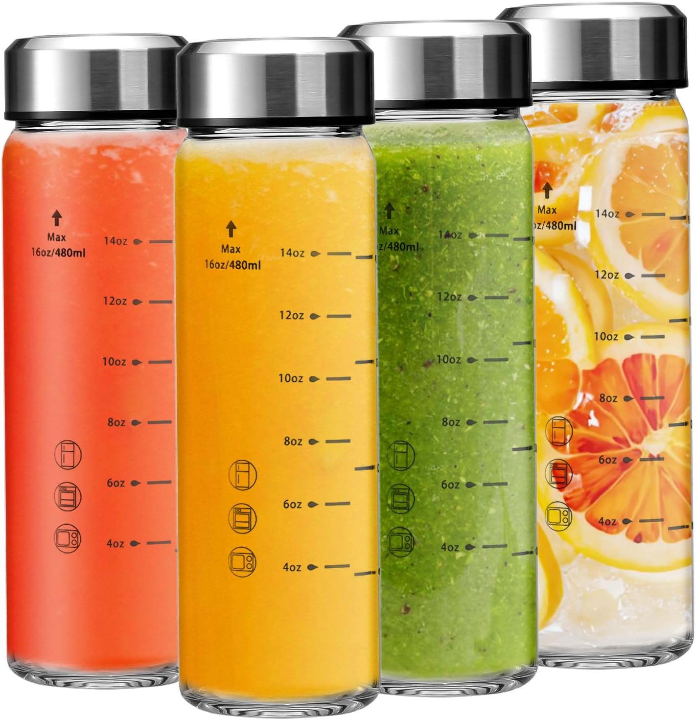 Amazon.com: Olivego 16oz Juice Bottles - 4 Pack Wide Mouth Glass ...