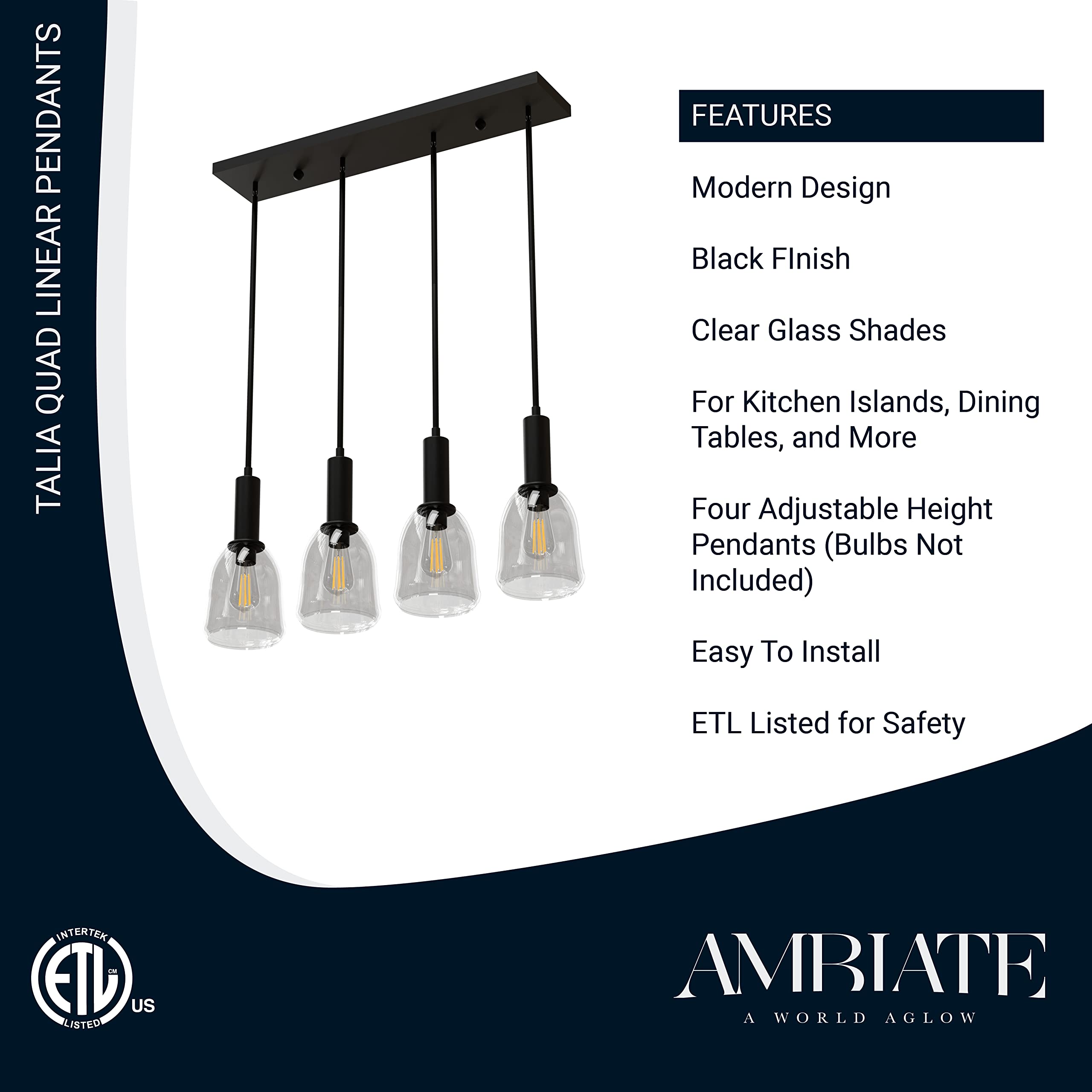 Talia Quad 4-Light Linear Pendant Fixture, Black Finish, Clear Glass ...