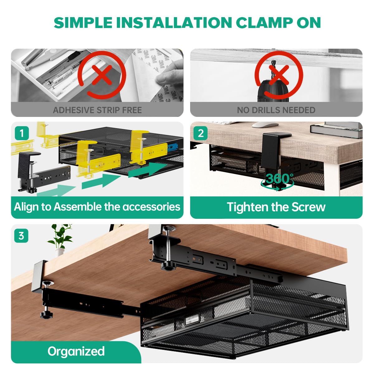 Verponity Super Large Under Desk Drawer Storage 2 Layers, Hideable Sliding Rail Desk Organizers ...