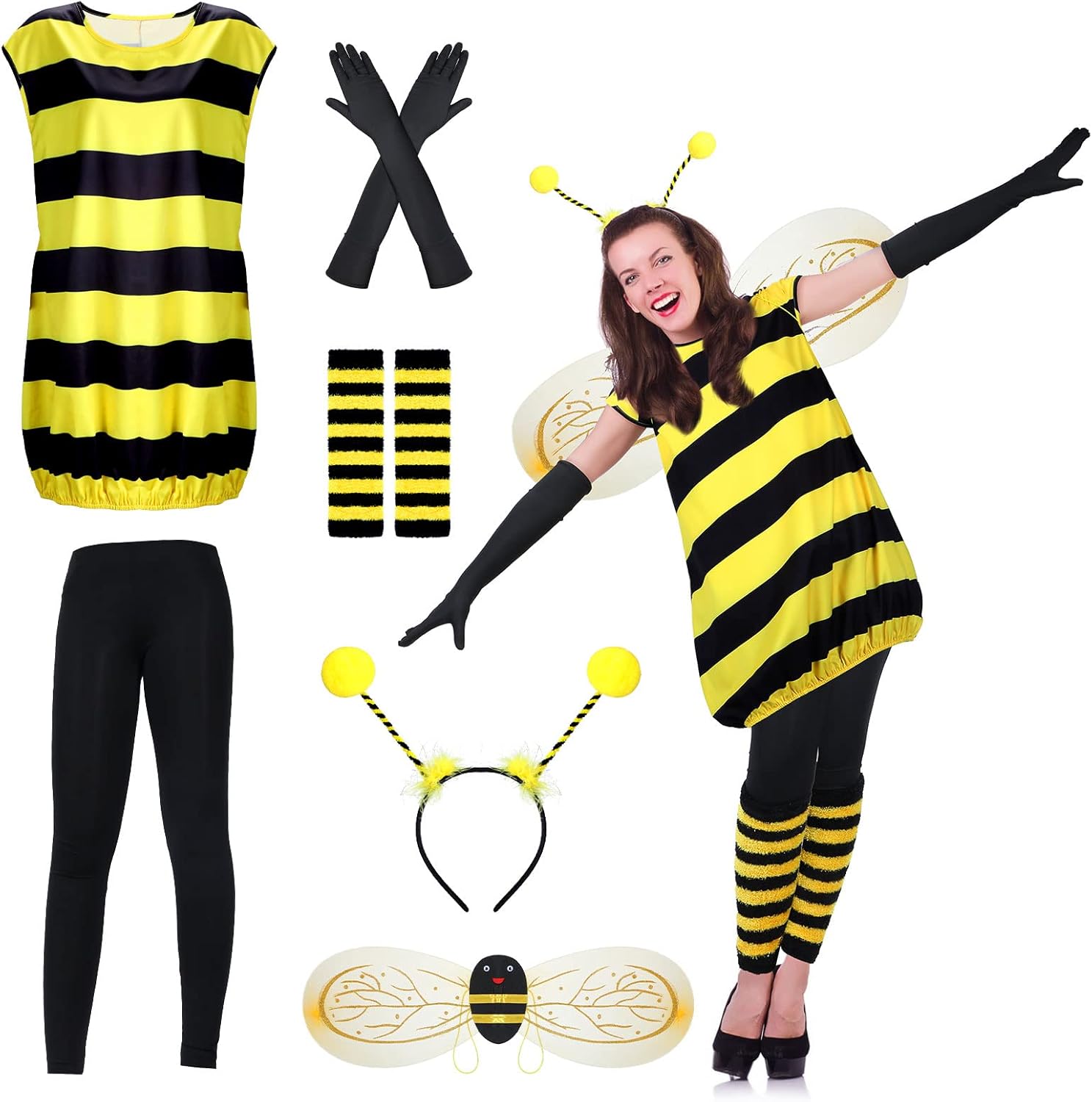 Amazon.com: 8 Pcs Bee Costume Set Bee Fancy Dress Wing Fuzzy Leg ...