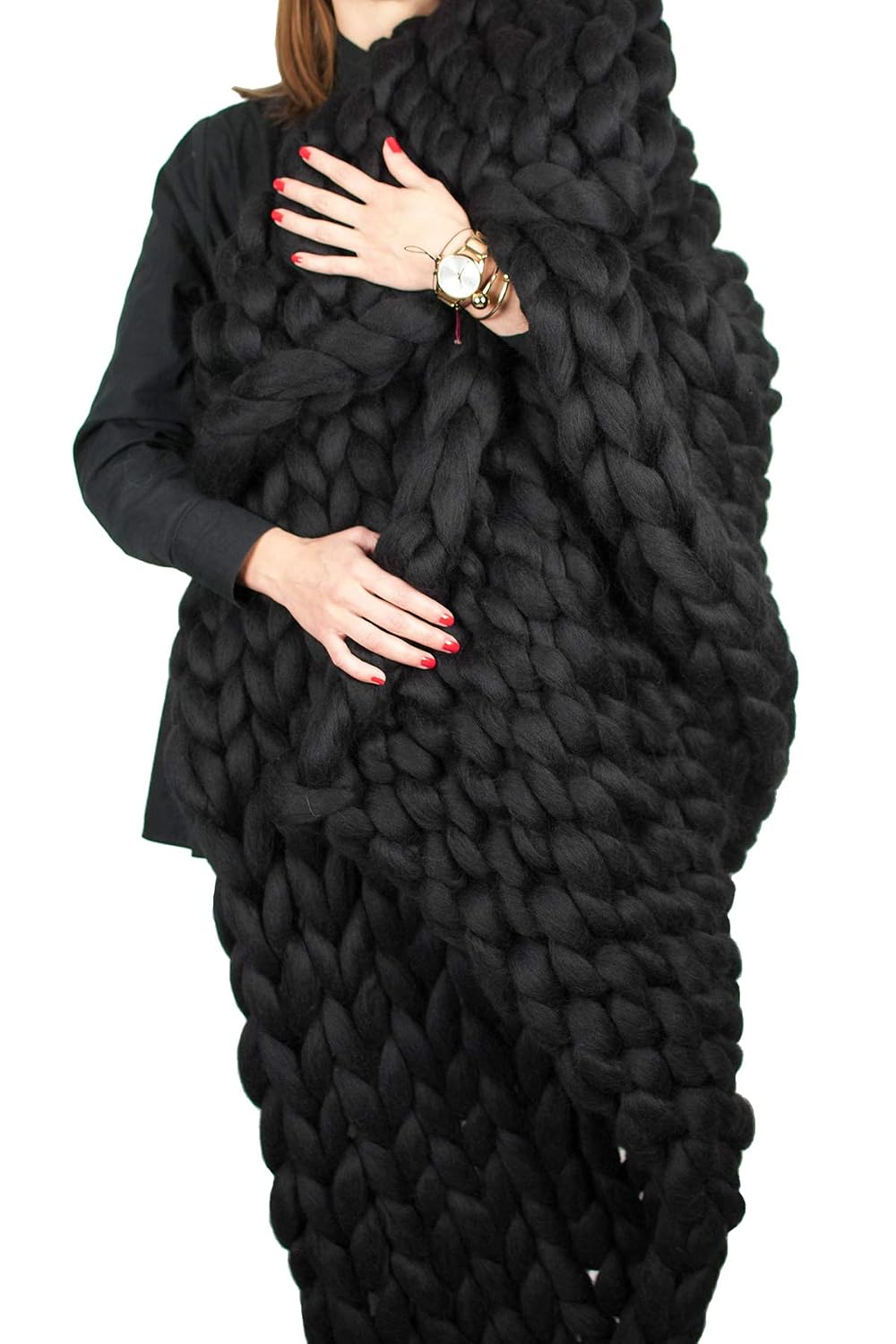 EASTSURE Chunky Knit Blanket Bulky Throw Merino Wool Hand Made Bed Sofa ...