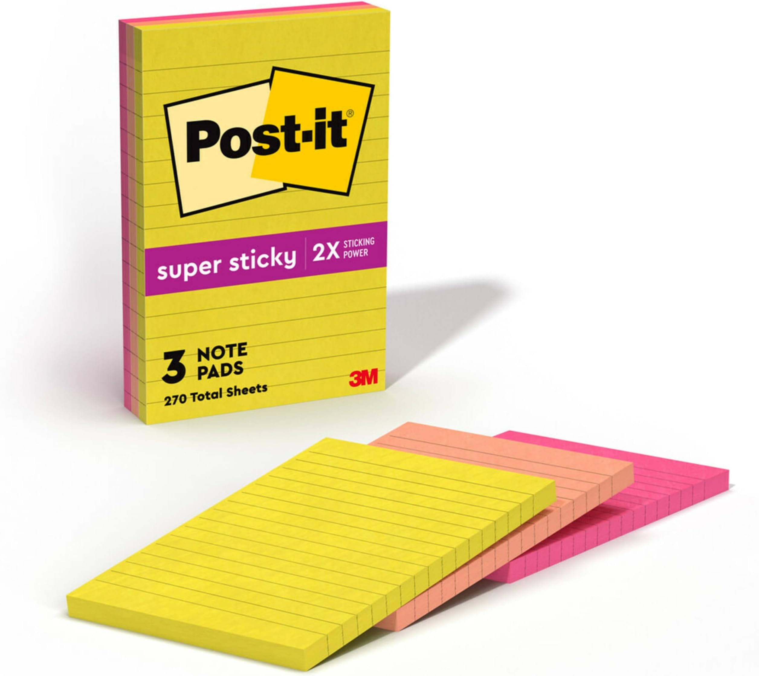 Amazon.com : Post-it Super Sticky Lined Notes, 3 Sticky Note Pads, 4 x ...